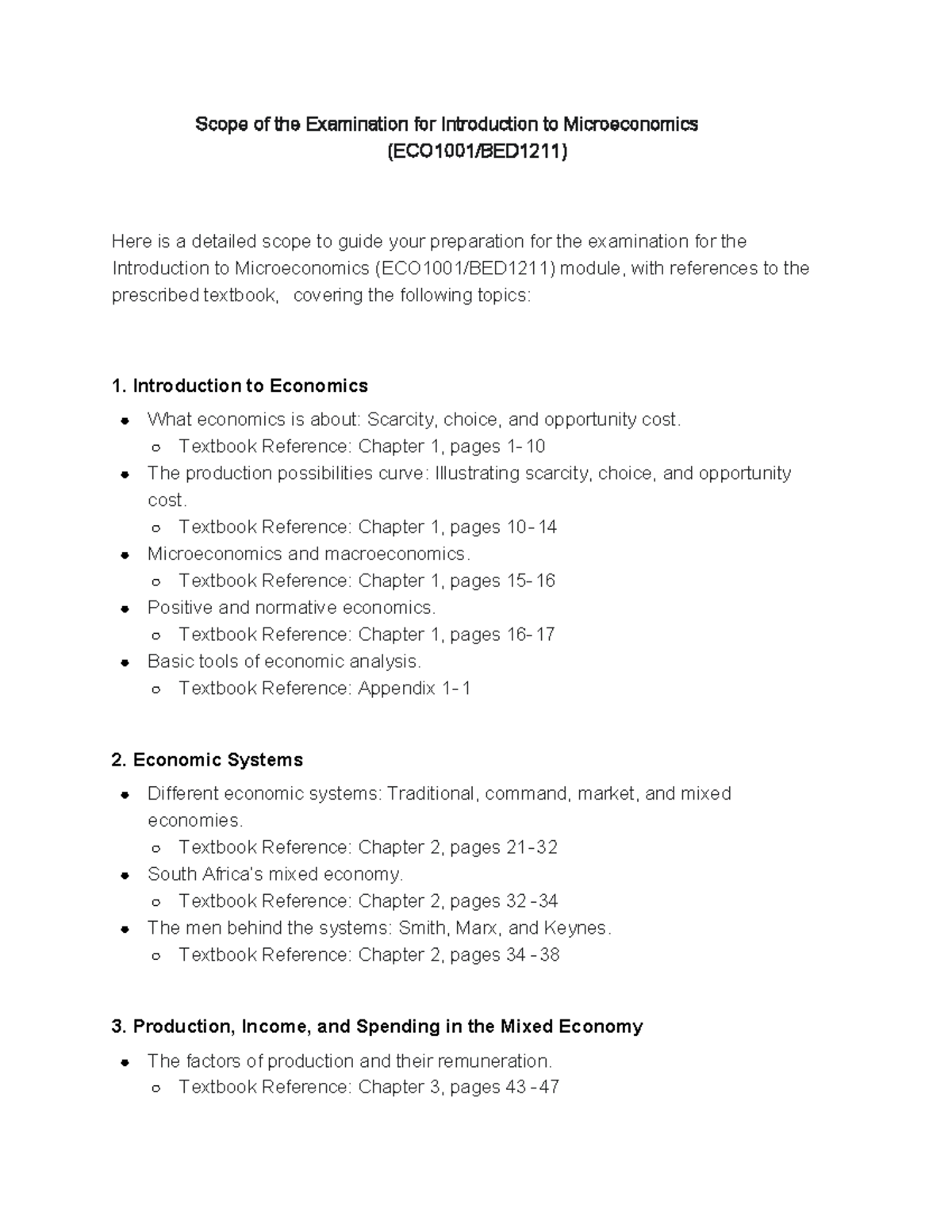 Scope of Examination for Introduction to Microeconomics (ECO1001 ...
