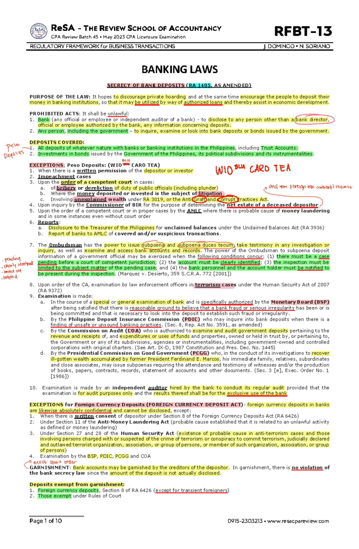 ReSA CPA Review Batch 45: Banking Laws & Regulations Overview - Studocu