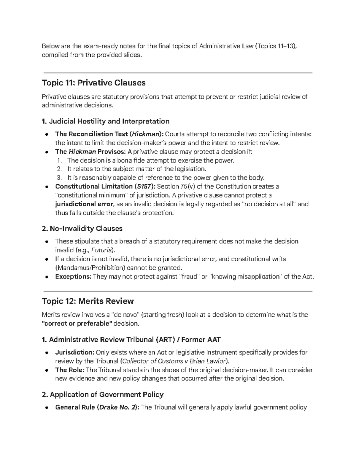 Administrative Law (LAW101) Final Topics Review Notes - Studocu