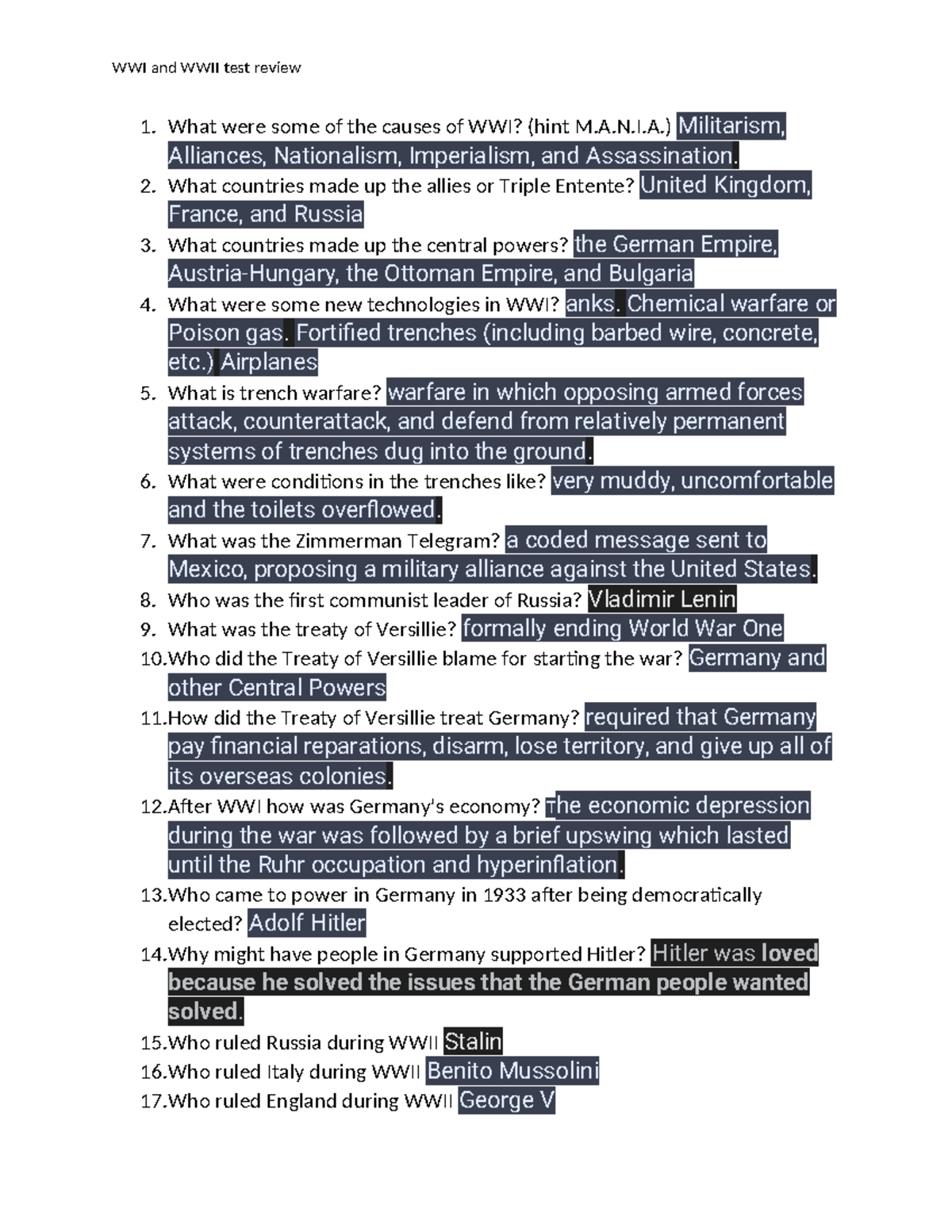 WWI and WWII test review com - WWI and WWII test review 1. What were ...