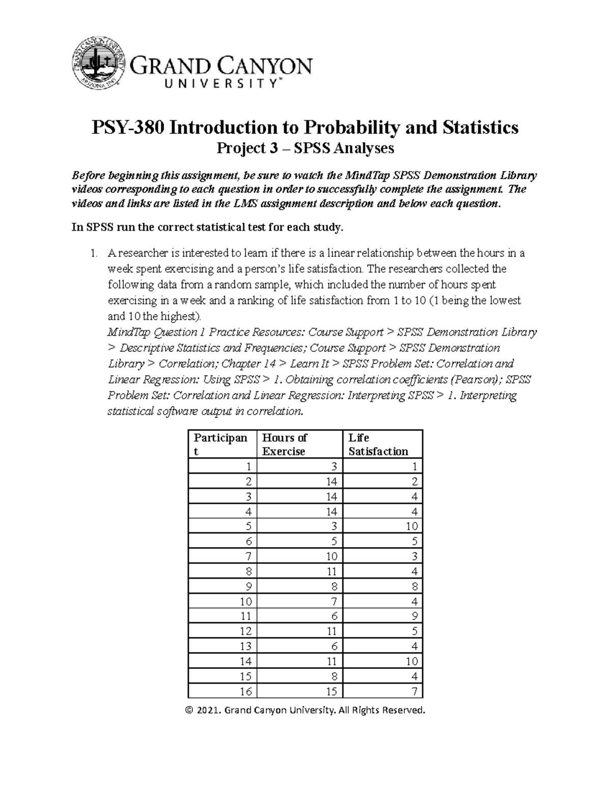 Project 3 - SPSS Analysis - PSY-380 Introduction to Probability and ...