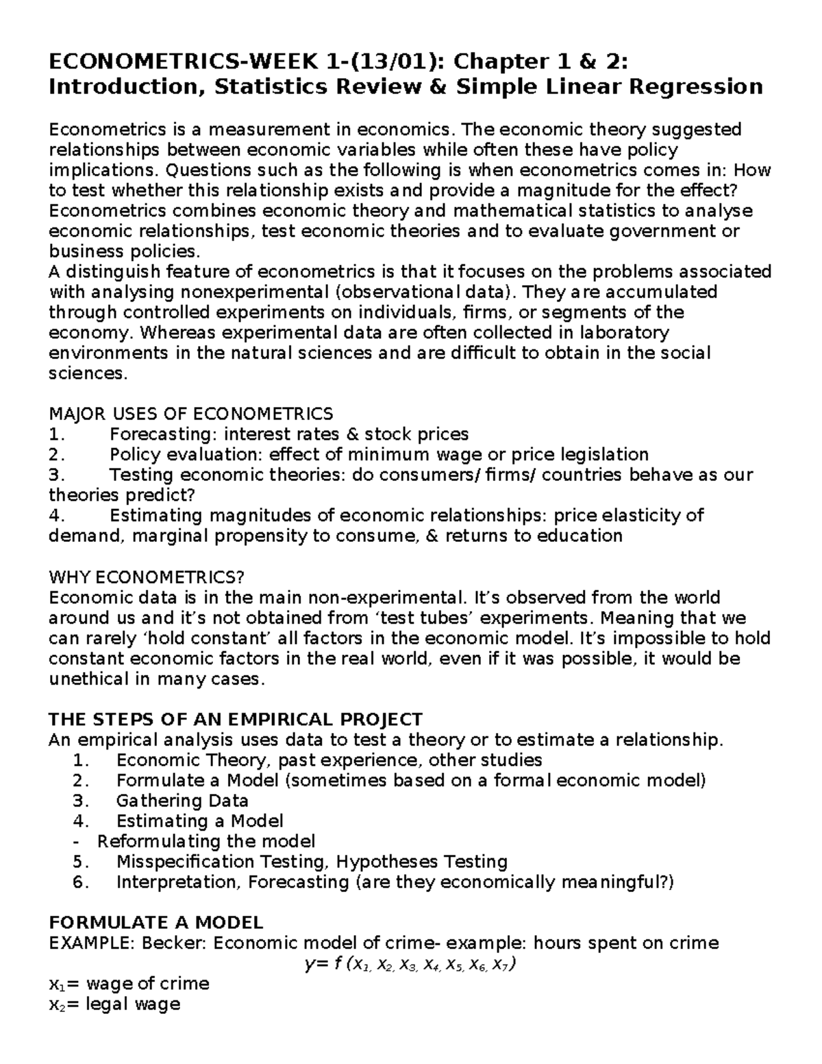 Wk1-Econometrics - notes from chapter 1 and 2 and week 1 lecture ...