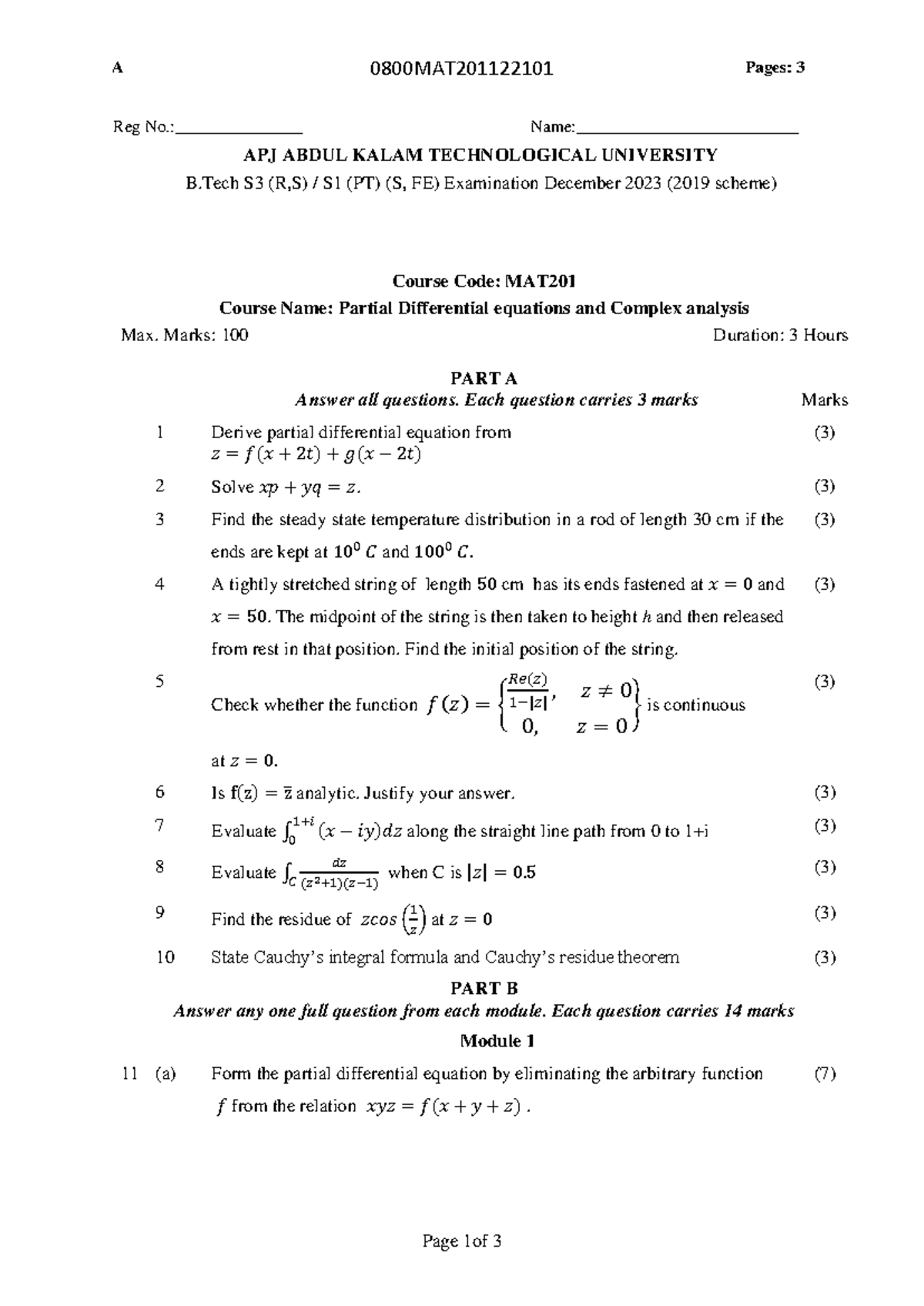 MAT201 Final Exam Question Paper - PDE & Complex Analysis (Dec 2023 ...