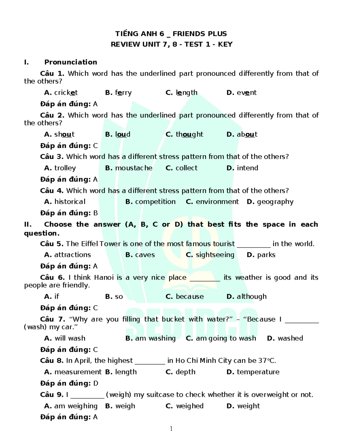 TIẾNG ANH 6 _ FRIENDS PLUS REVIEW UNIT 7 & 8 TEST 1 ANSWER KEY - Studocu