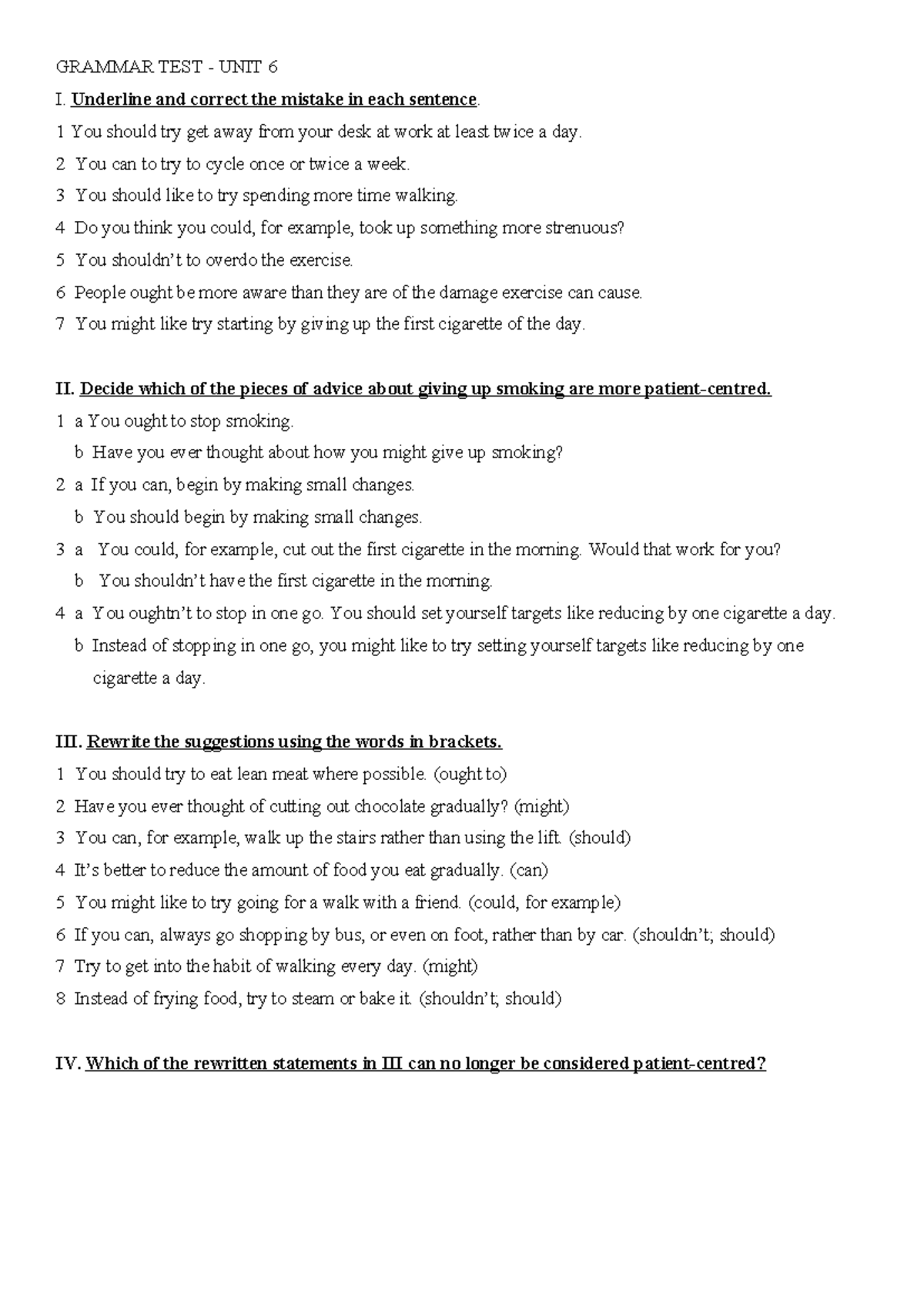 Grammar Test - Unit 6: Sentence Correction & Advice Rewriting - Studocu