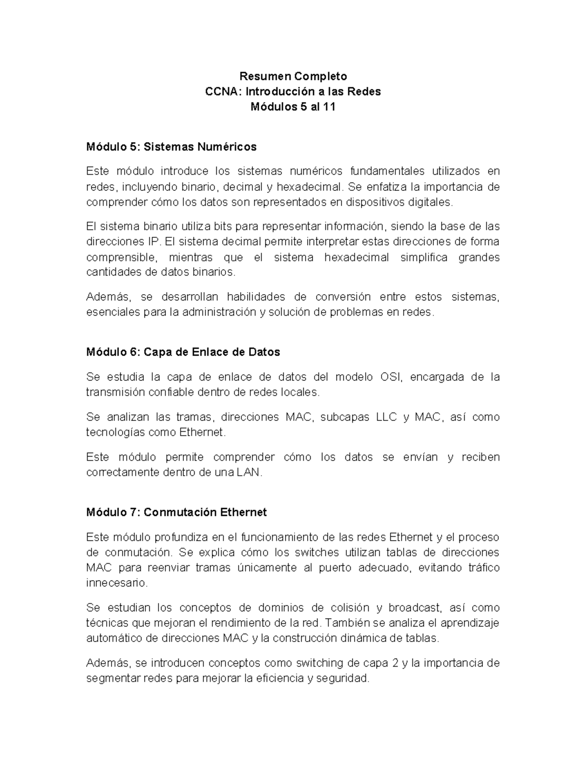 Resumen Completo CCNA: Módulos 5 al 11 sobre Redes - Studocu