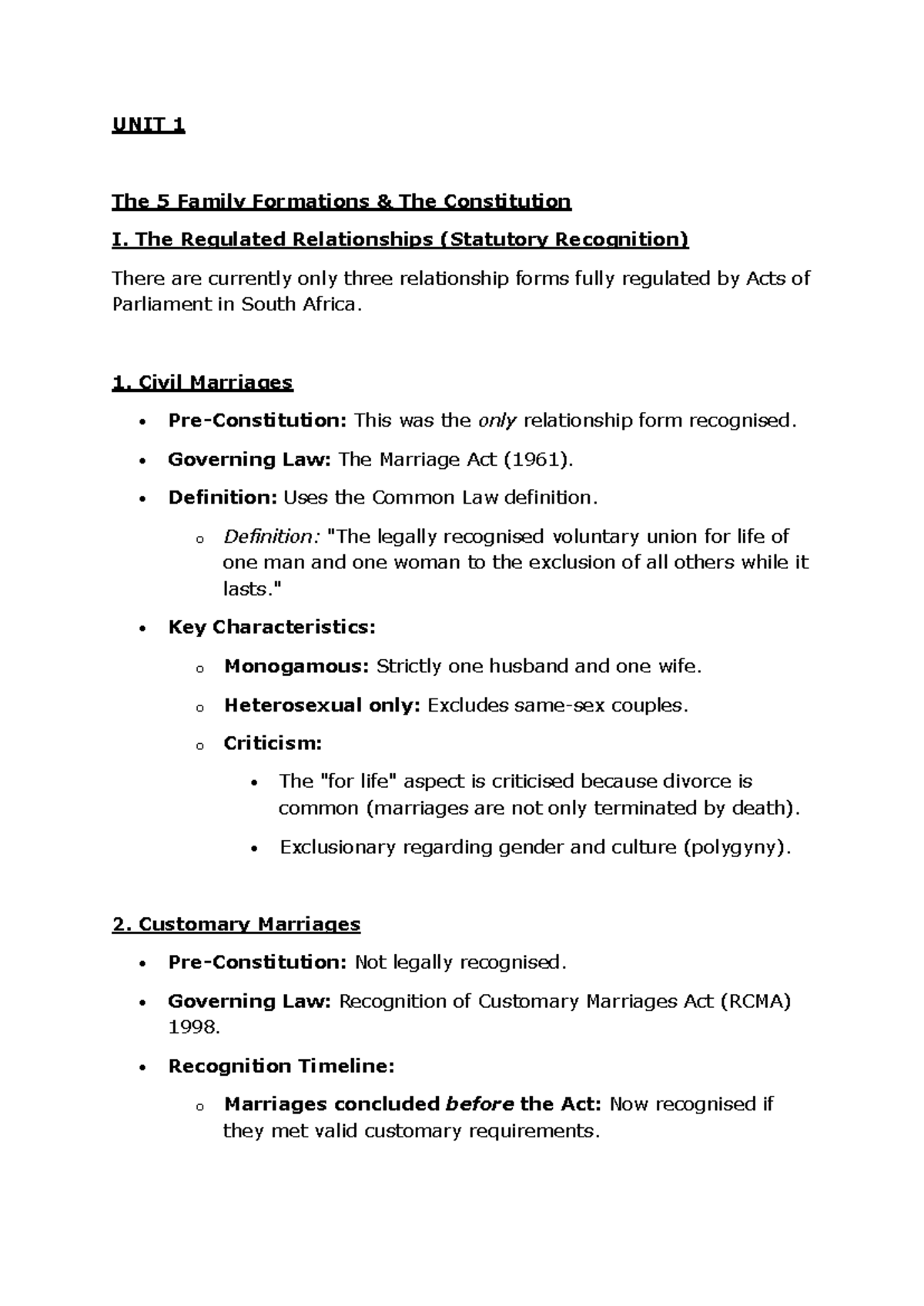 Family Law Class Notes (LAW101) - Unit 1: Family Formations & The ...