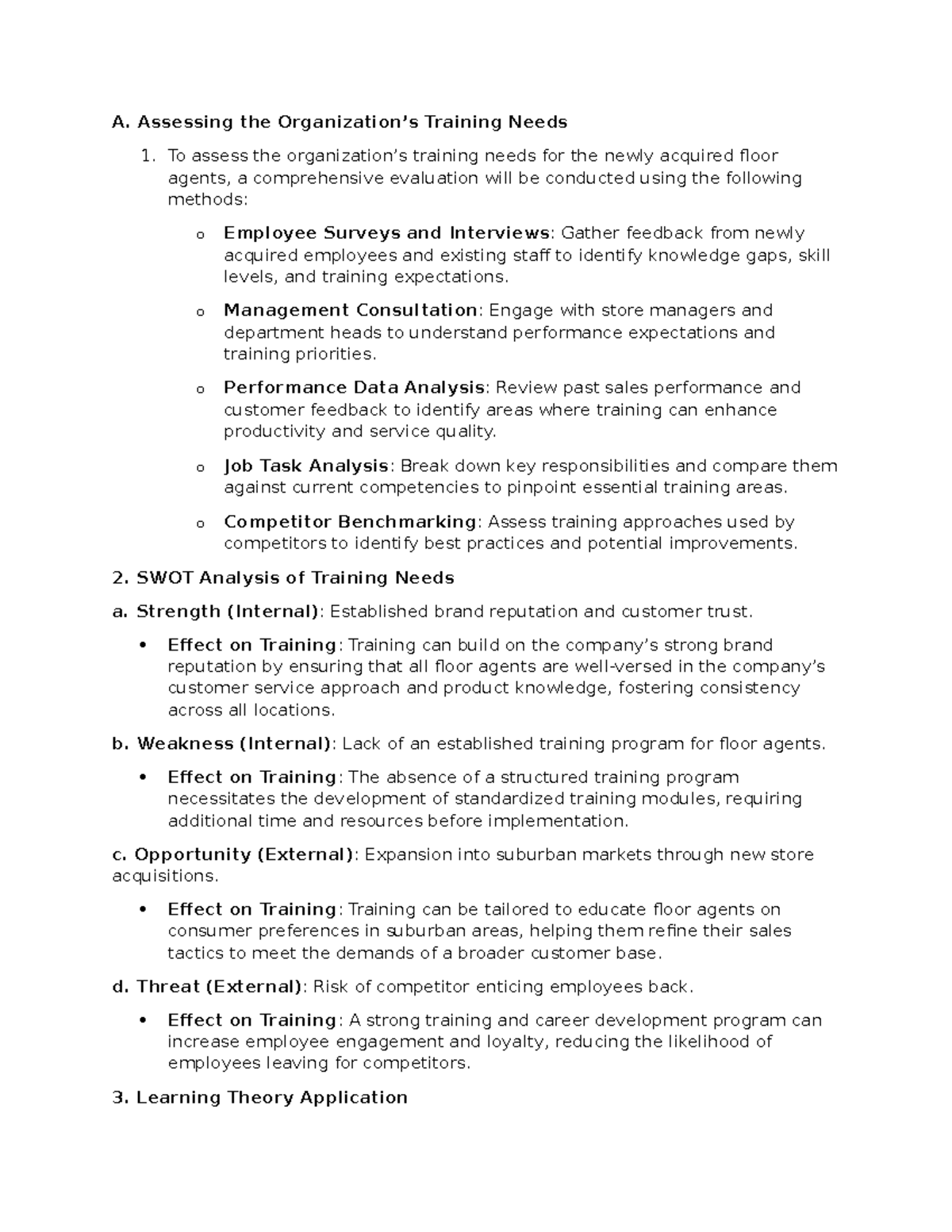 D353 Task 1 - Assessing Training Needs & SWOT Analysis for Agents - Studocu
