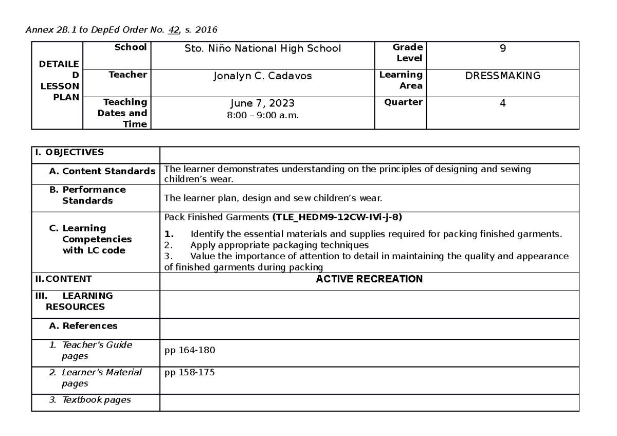 Revised Detailed Lesson Plan for Demo: TLE-9 Dressmaking 2023 - Studocu