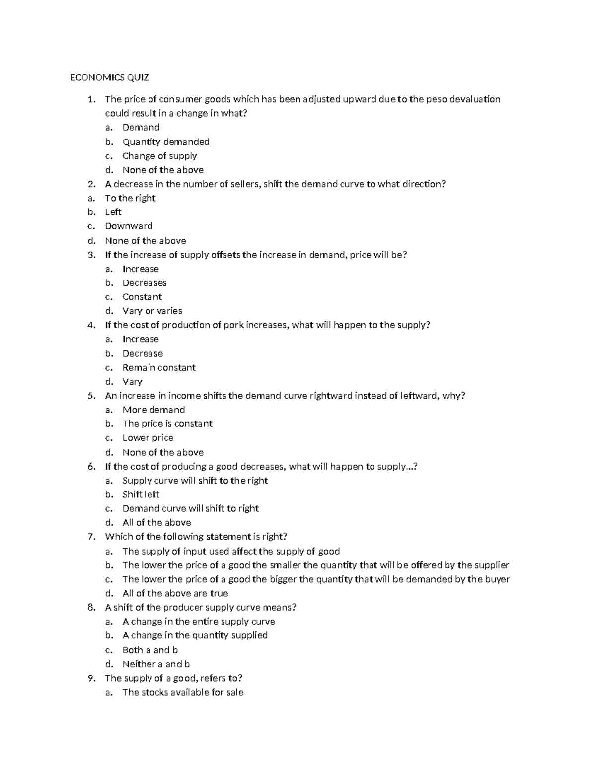 Economics-KO Quiz: Understanding Supply and Demand Dynamics - Studocu