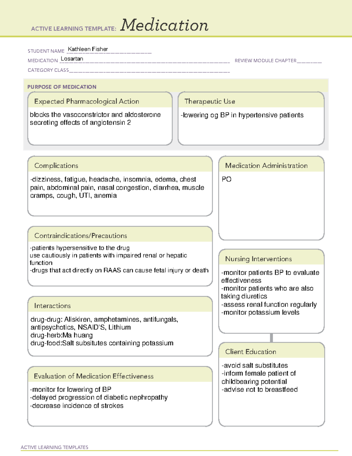 ATI Active Learning Template: Losartan Medication Overview - Studocu