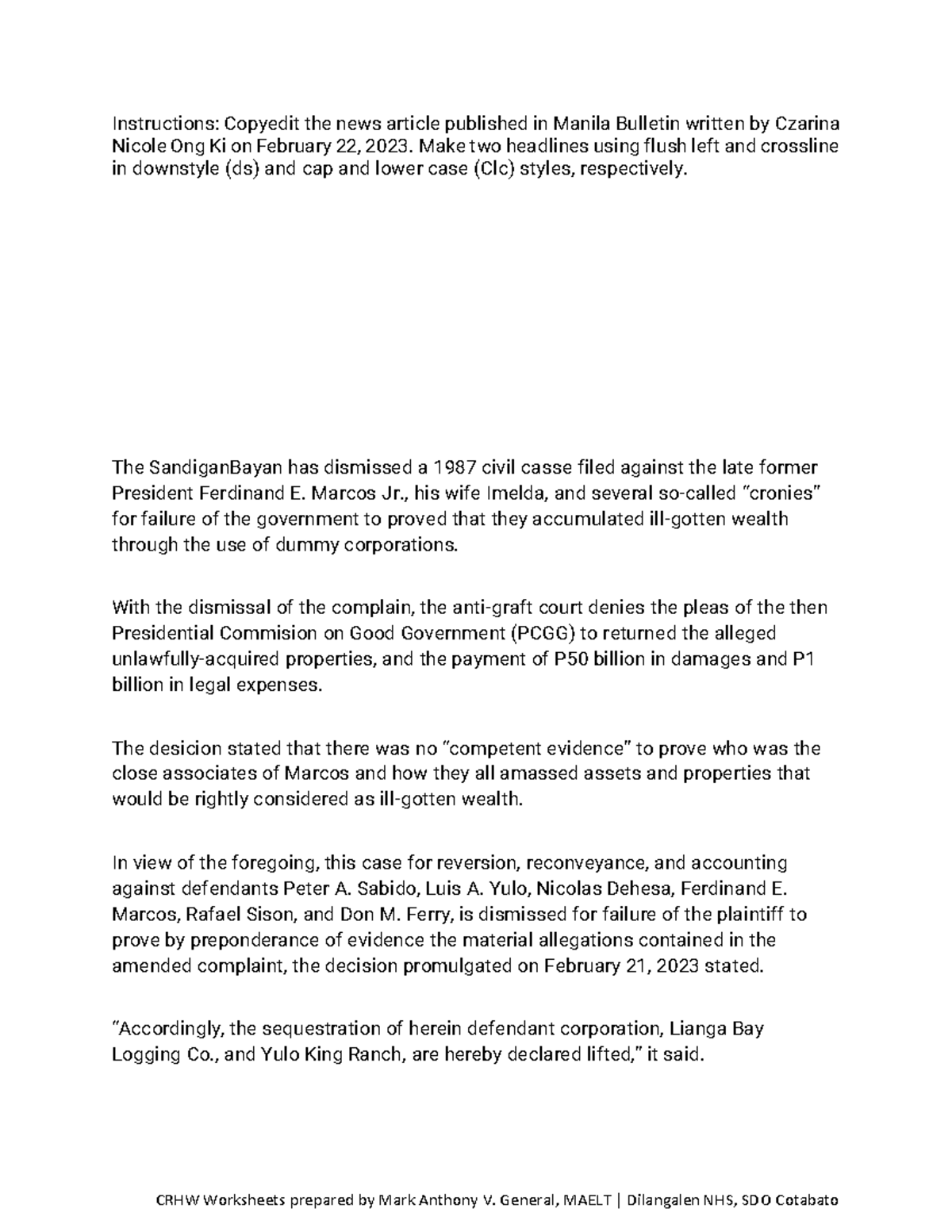 Copyediting Exercises: News Articles from Manila Bulletin - Studocu