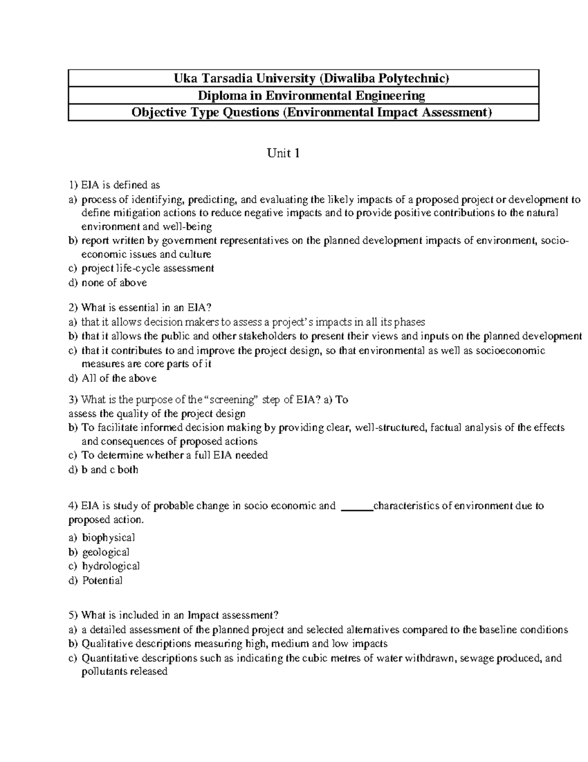 Objective Type Questions on EIA - Diploma in Environmental Engineering ...