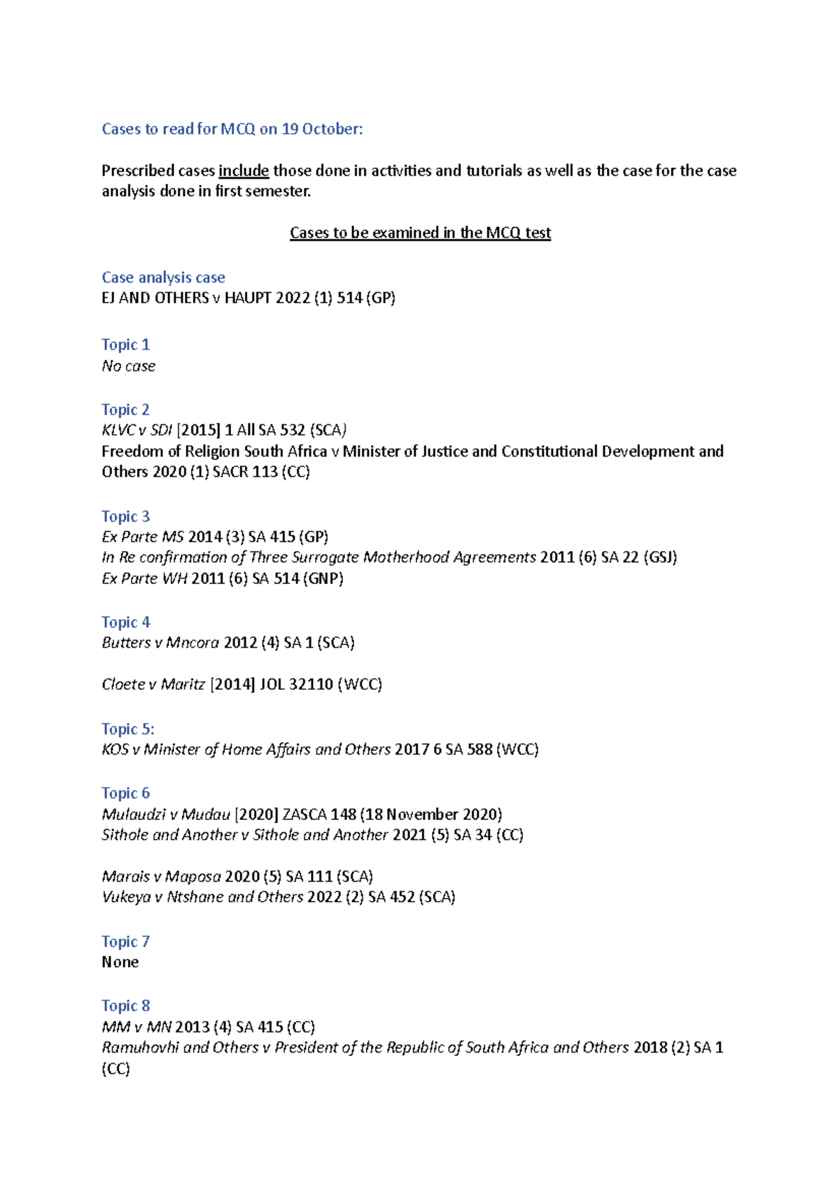 Cases to read for MCQ on 19 October - Cases to read for MCQ on 19 ...