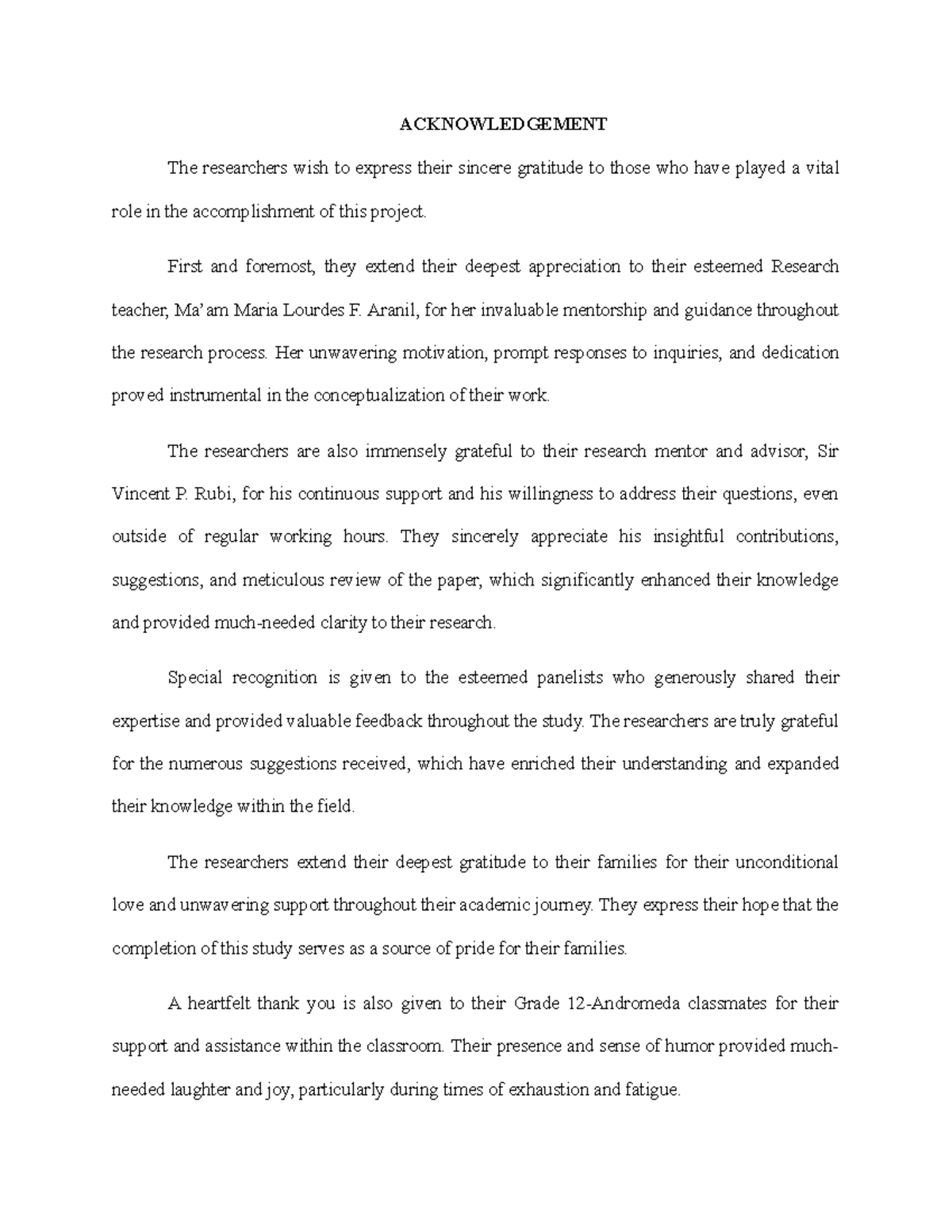 Acknowledgement Format for Research Paper - Grade 12 Project - Studocu