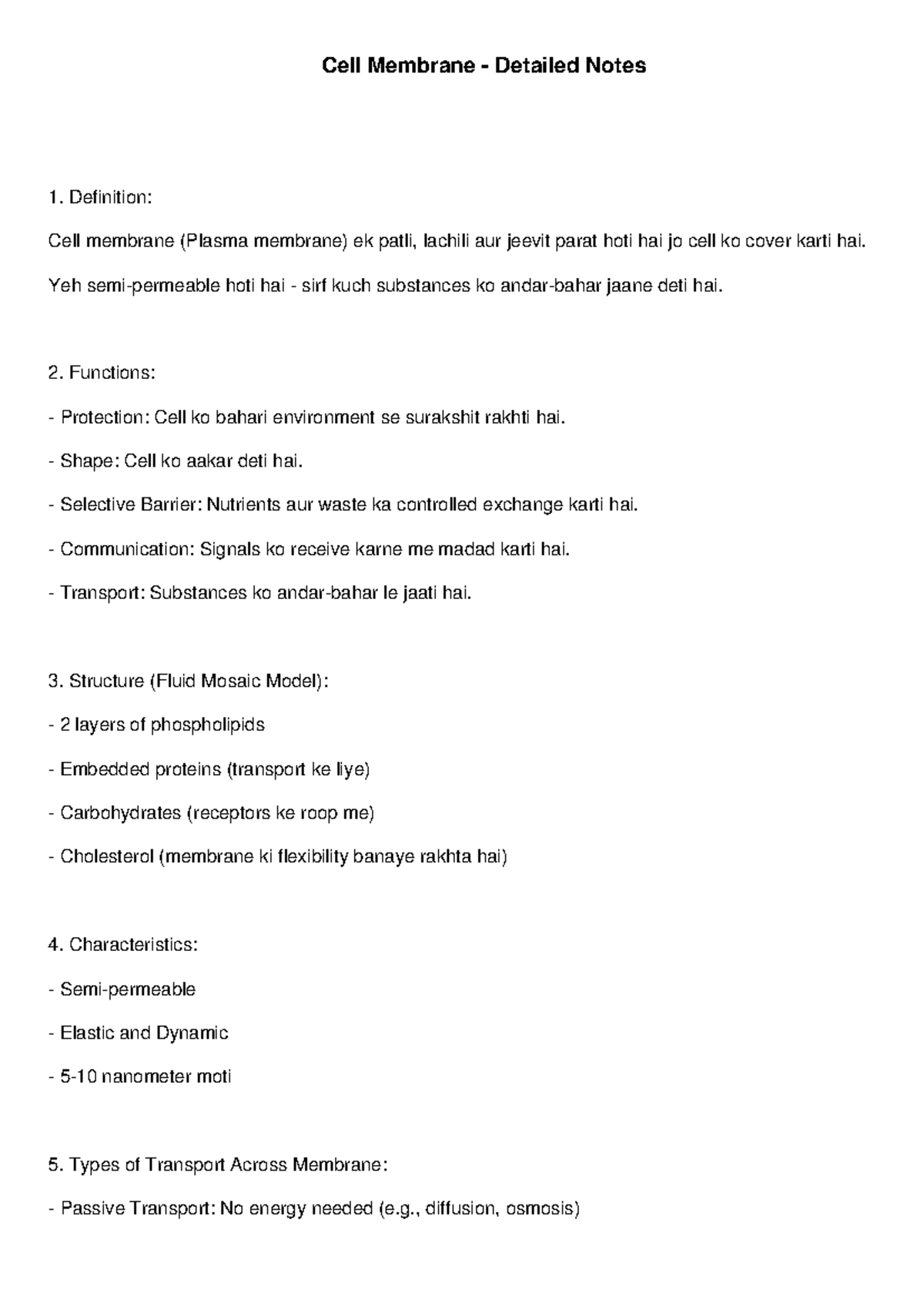 Cell Membrane (Biology 101) - Detailed Study Notes - Studocu
