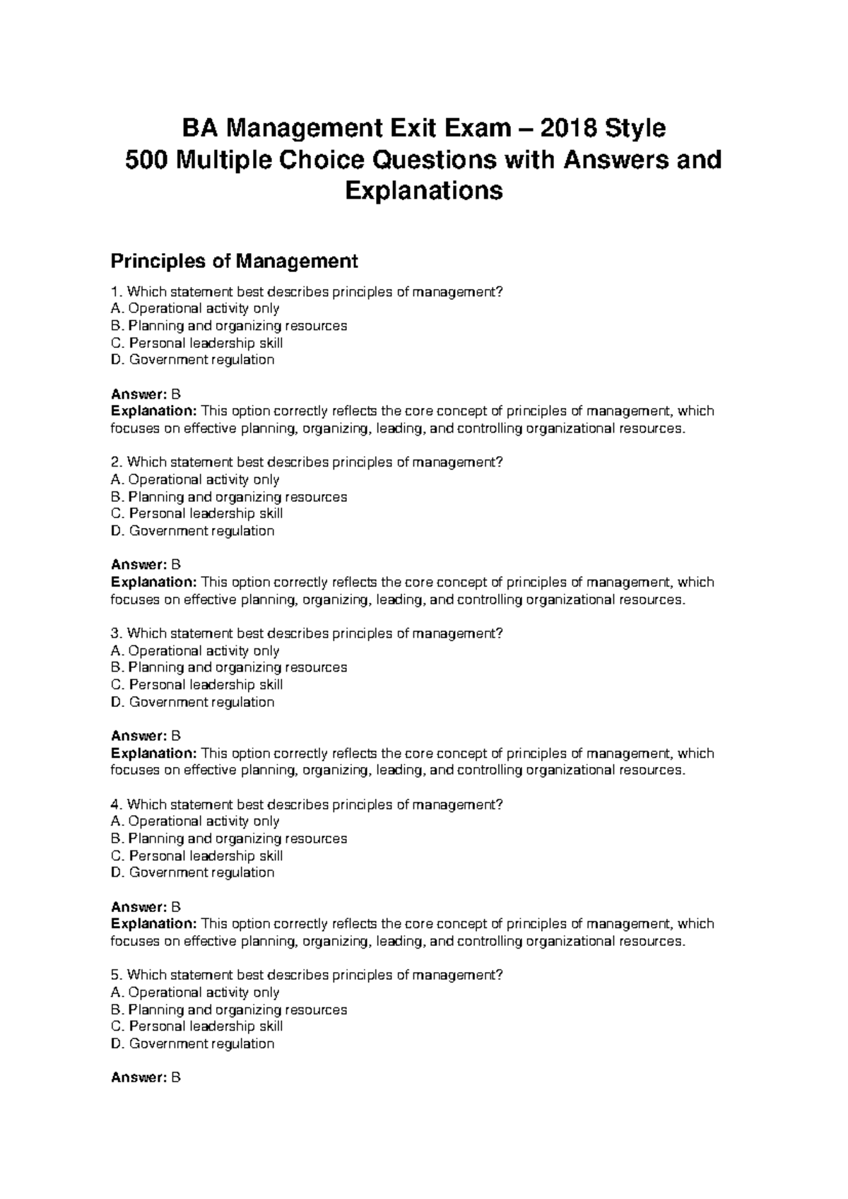 BA Management Exit Exam 2018: 500 MCQs with Explanations - Studocu