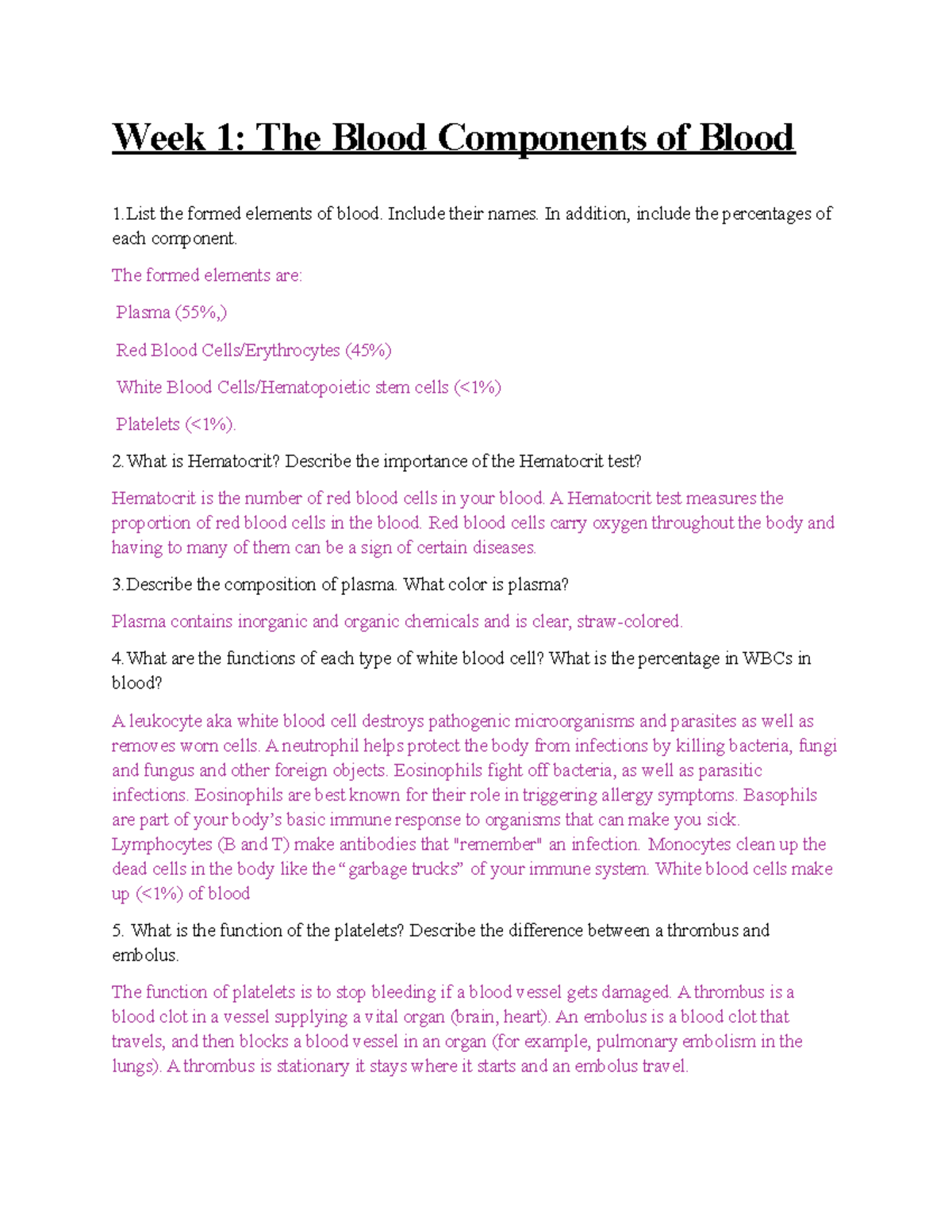 Week 1: Overview of Blood Components and Their Functions - Studocu