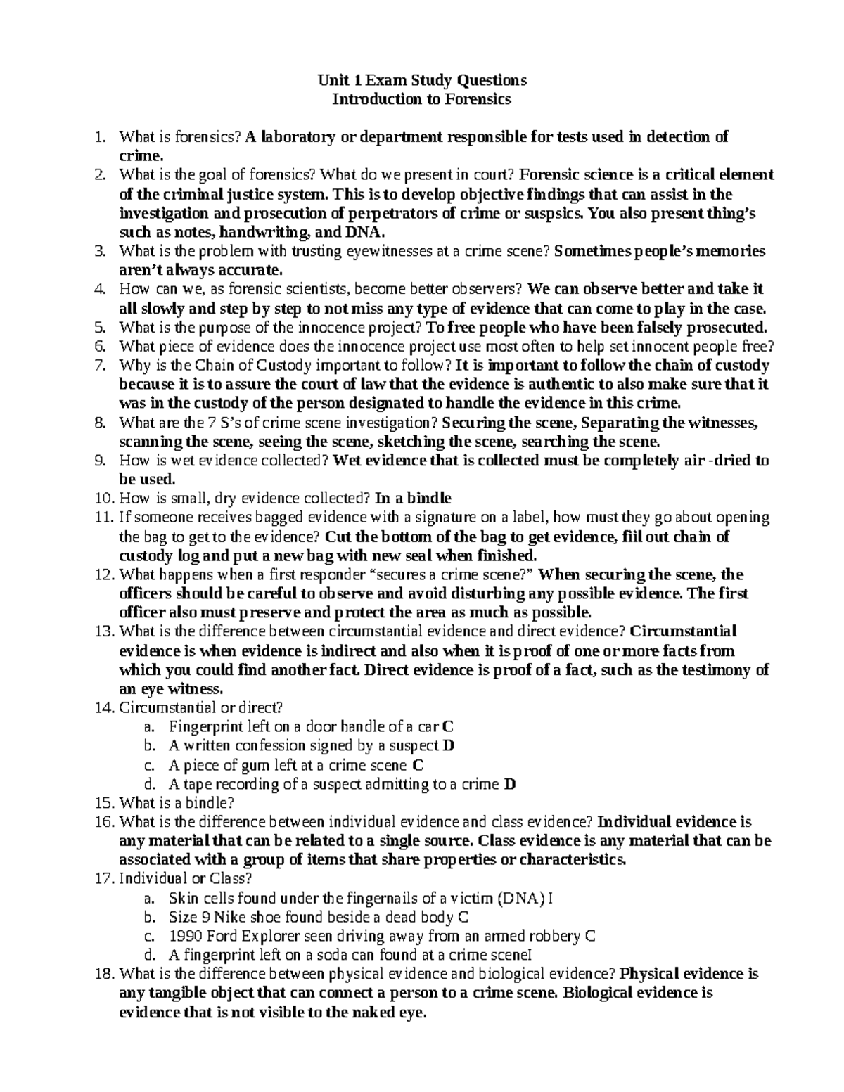 Justice Williams - Forensics Unit 1 Exam Study Questions Guide - Studocu