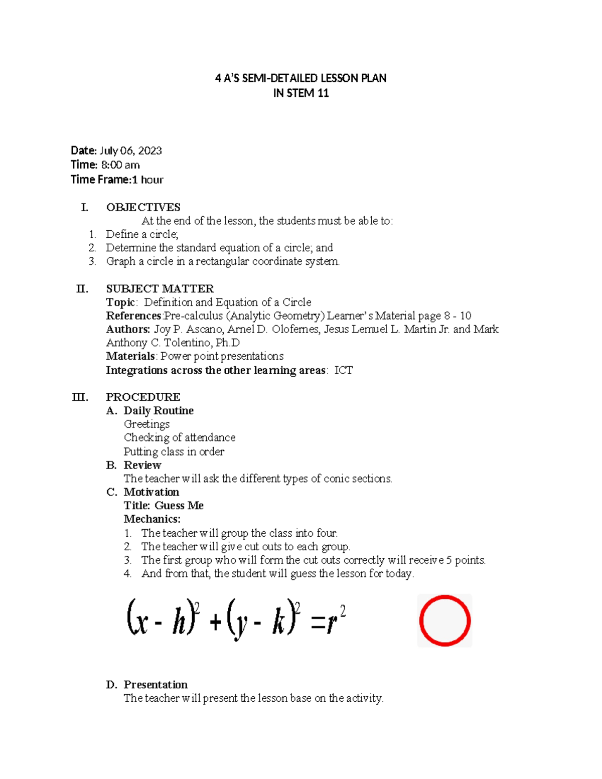 4 STEM 11 Lesson Plan: Understanding the Equation of a Circle - Studocu