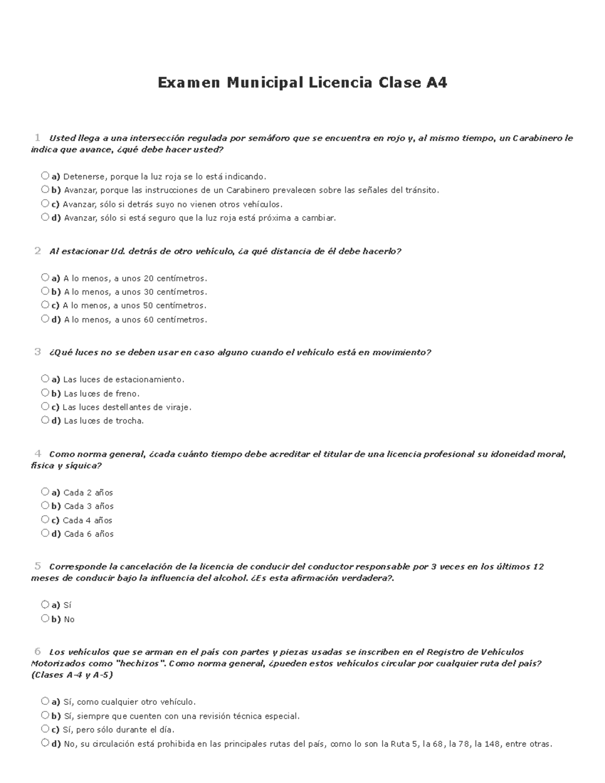 Examen Municipal Licencia Clase A4: Preguntas y Respuestas Clave - Studocu