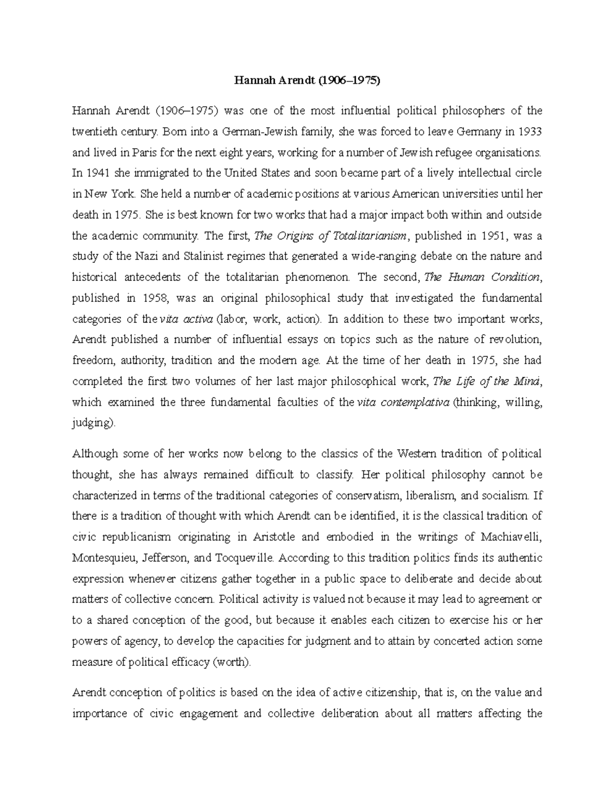 Hannah Arendt - Final Exam Notes on Political Philosophy - Studocu