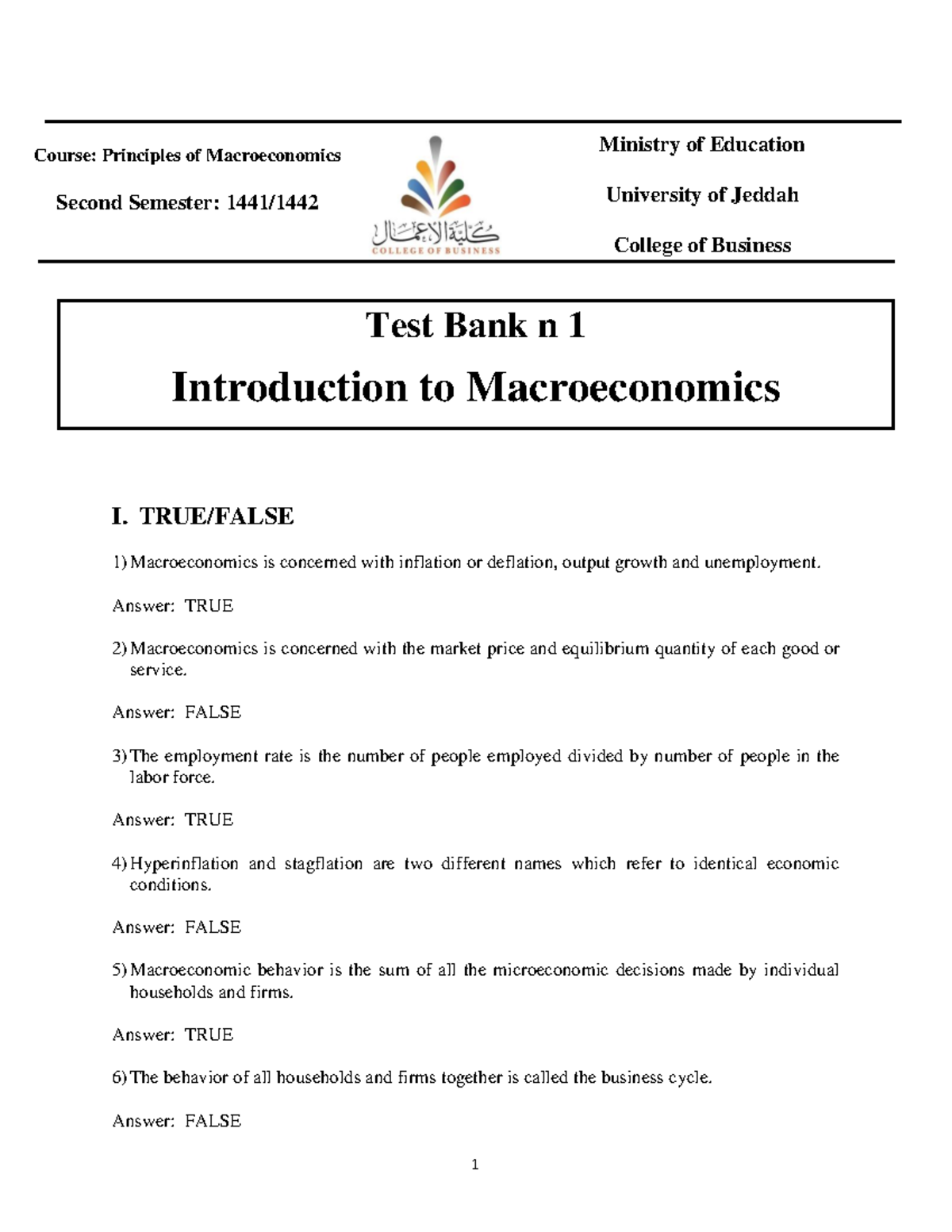 Chapter 1 Test Bank: Principles of Macroeconomics (ECON 101) - Studocu