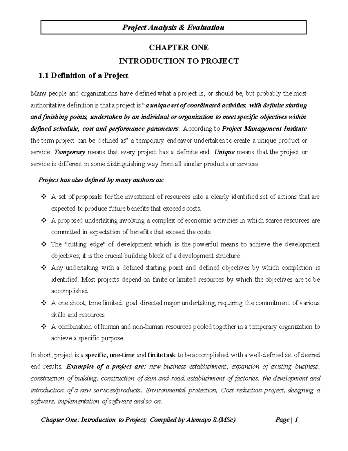 Chapter 1 - Overview of Project Analysis and Classification - Studocu