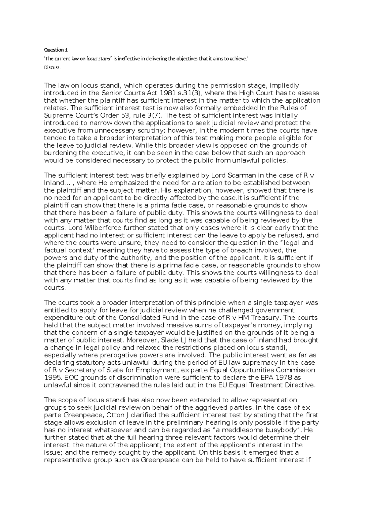 Admin Law essay - A sample answer on locus standi. - Question 1 ‘The ...