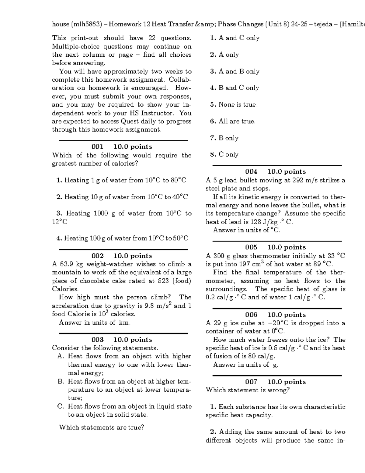 Homework 12: Heat Transfer & Phase Changes (Unit 8) Problem Set - Studocu