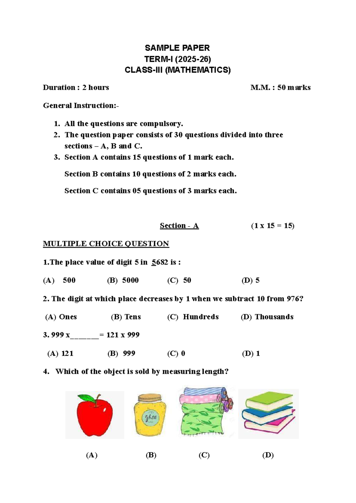 WHX Maths Sample Question Paper - Class 3 - Studocu