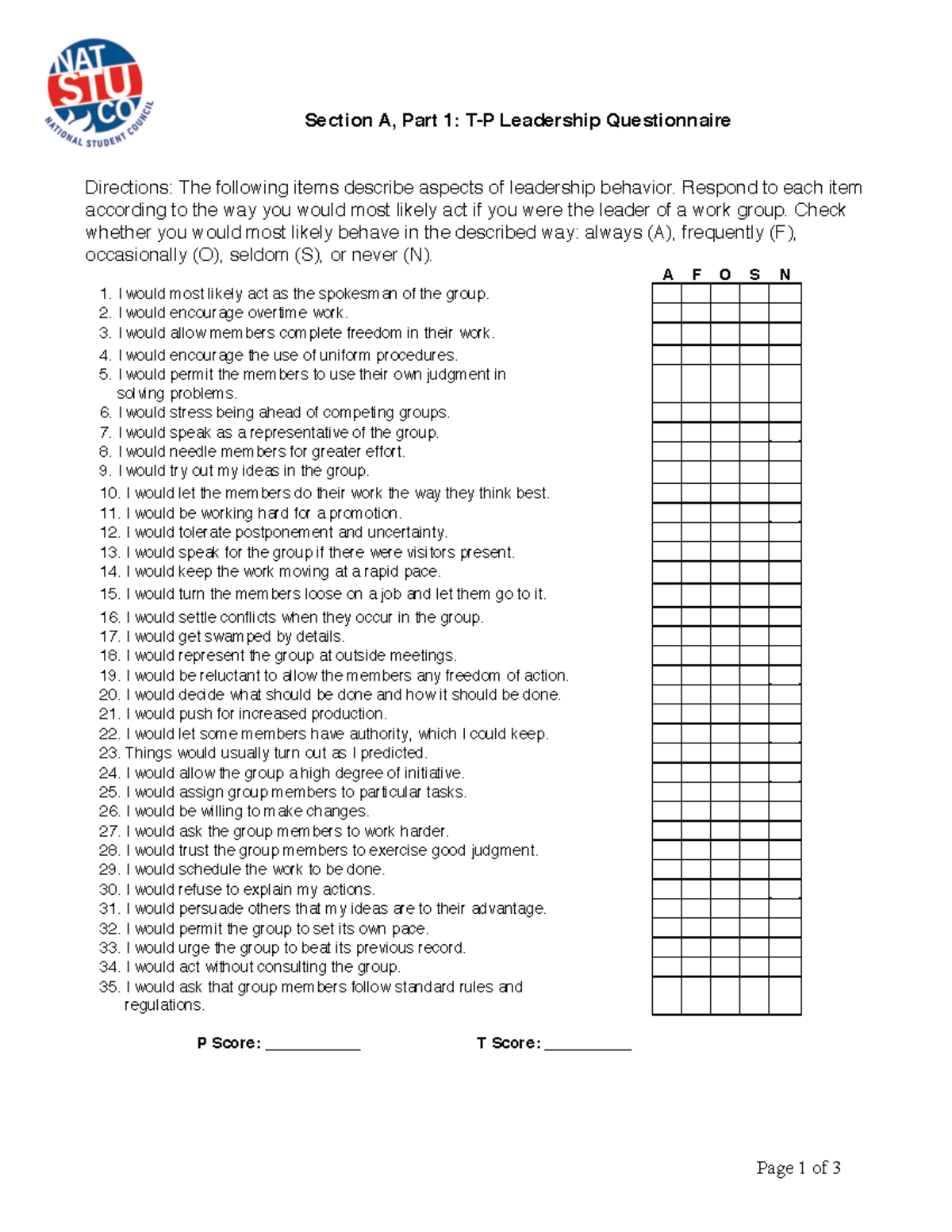 Leadership Questionnaire: Section A Part 1 (T-P) Form - Studocu