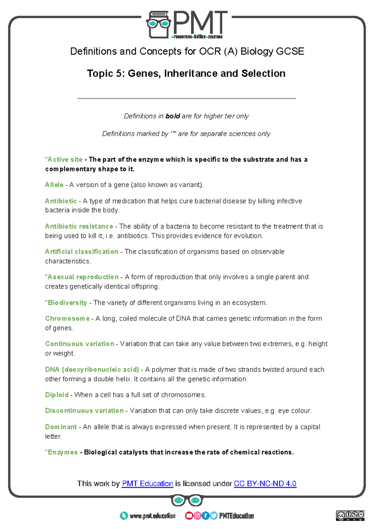 Definitions for OCR (A) Biology GCSE: Topic 5 - Genes, Inheritance ...