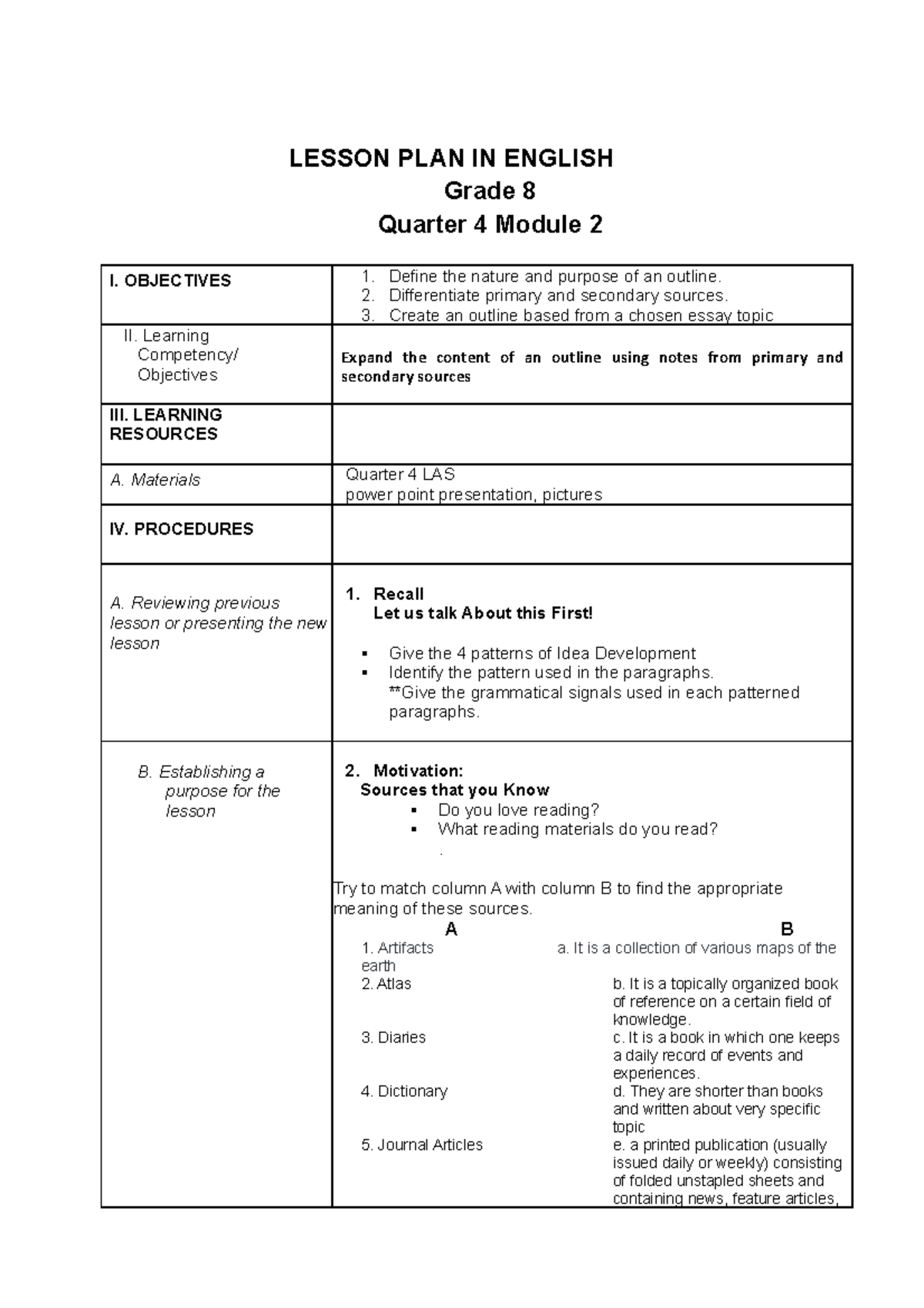 Lesson PLAN - Q4 M2 Outline - LESSON PLAN IN ENGLISH Grade 8 Quarter 4 ...