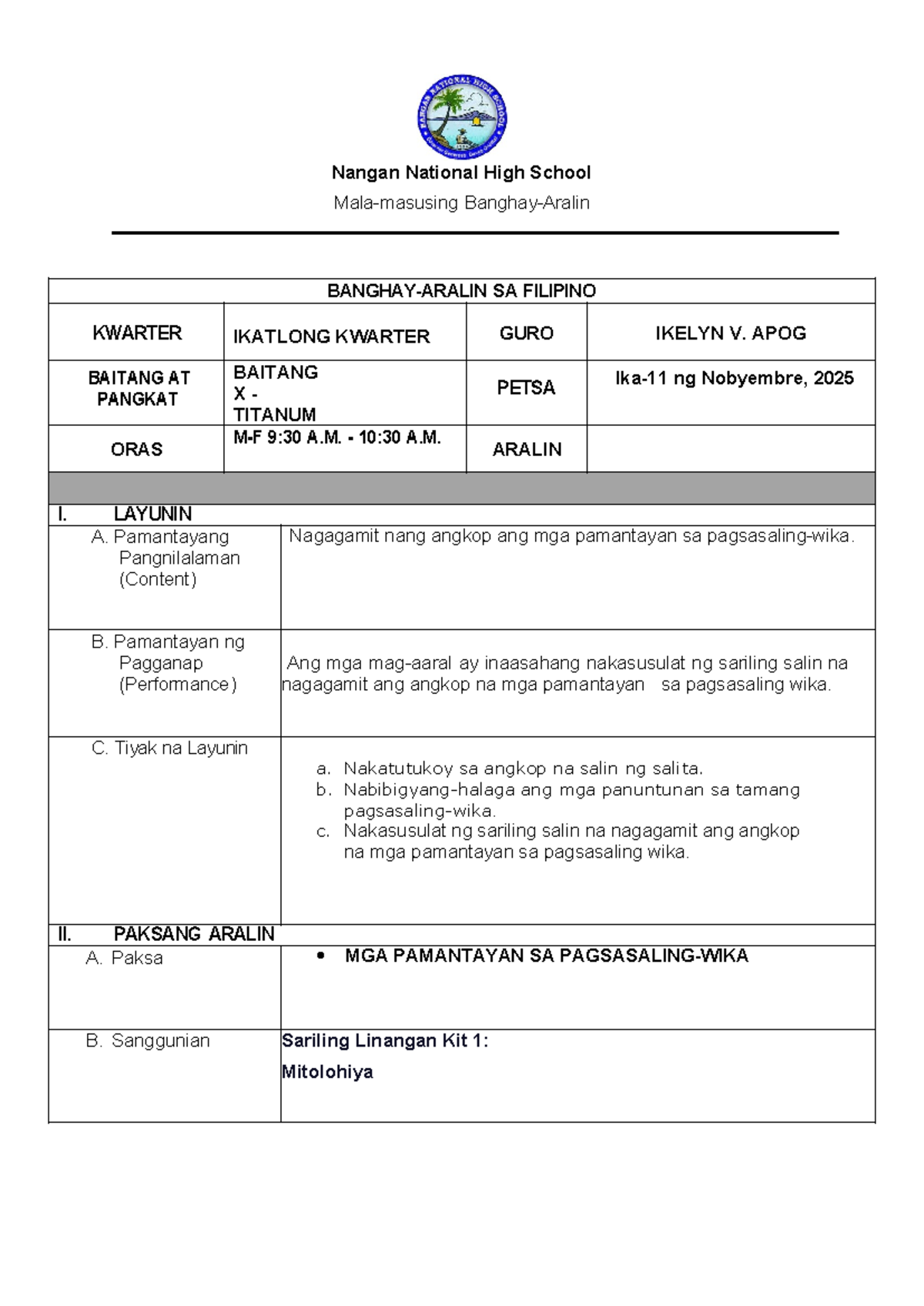 Nobela-LP: Buod ng Aralin sa Pagsasalin ng Wika - Studocu