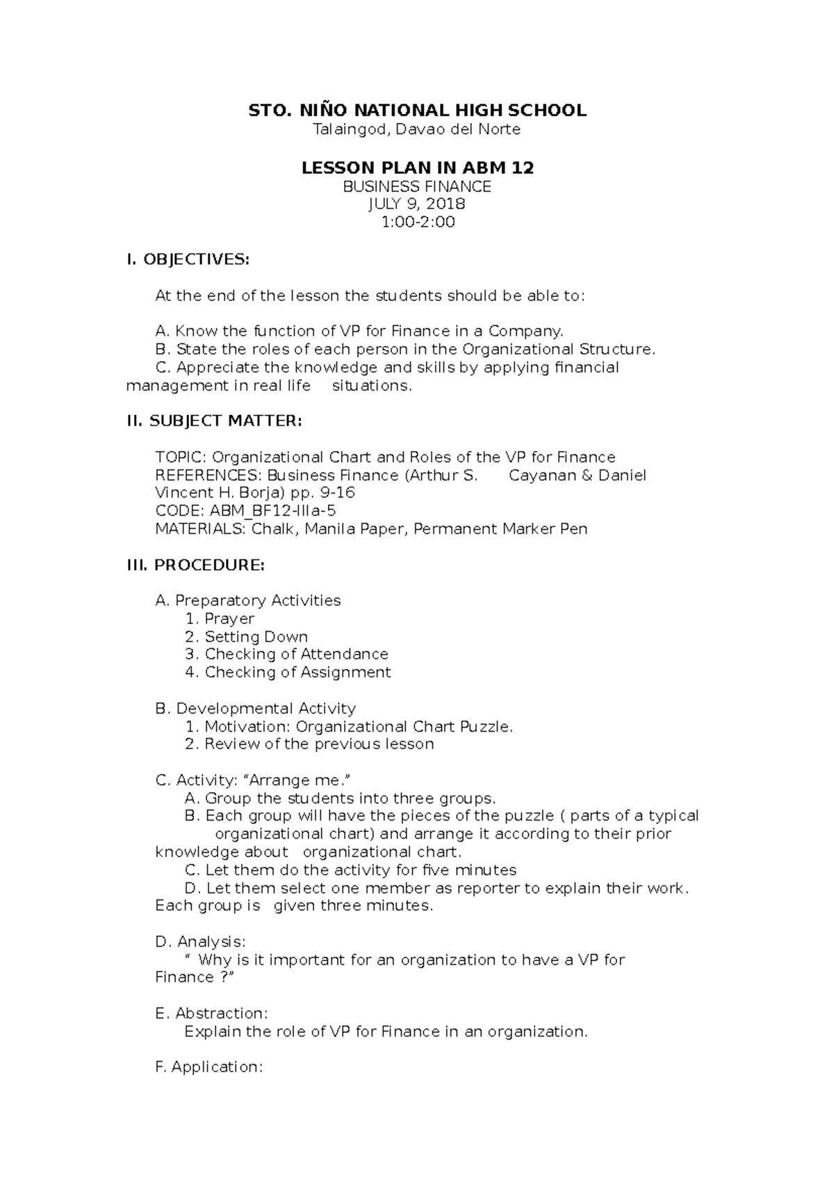 ABM 12 - Detailed Lesson Plan on Business Finance Roles and Objectives ...