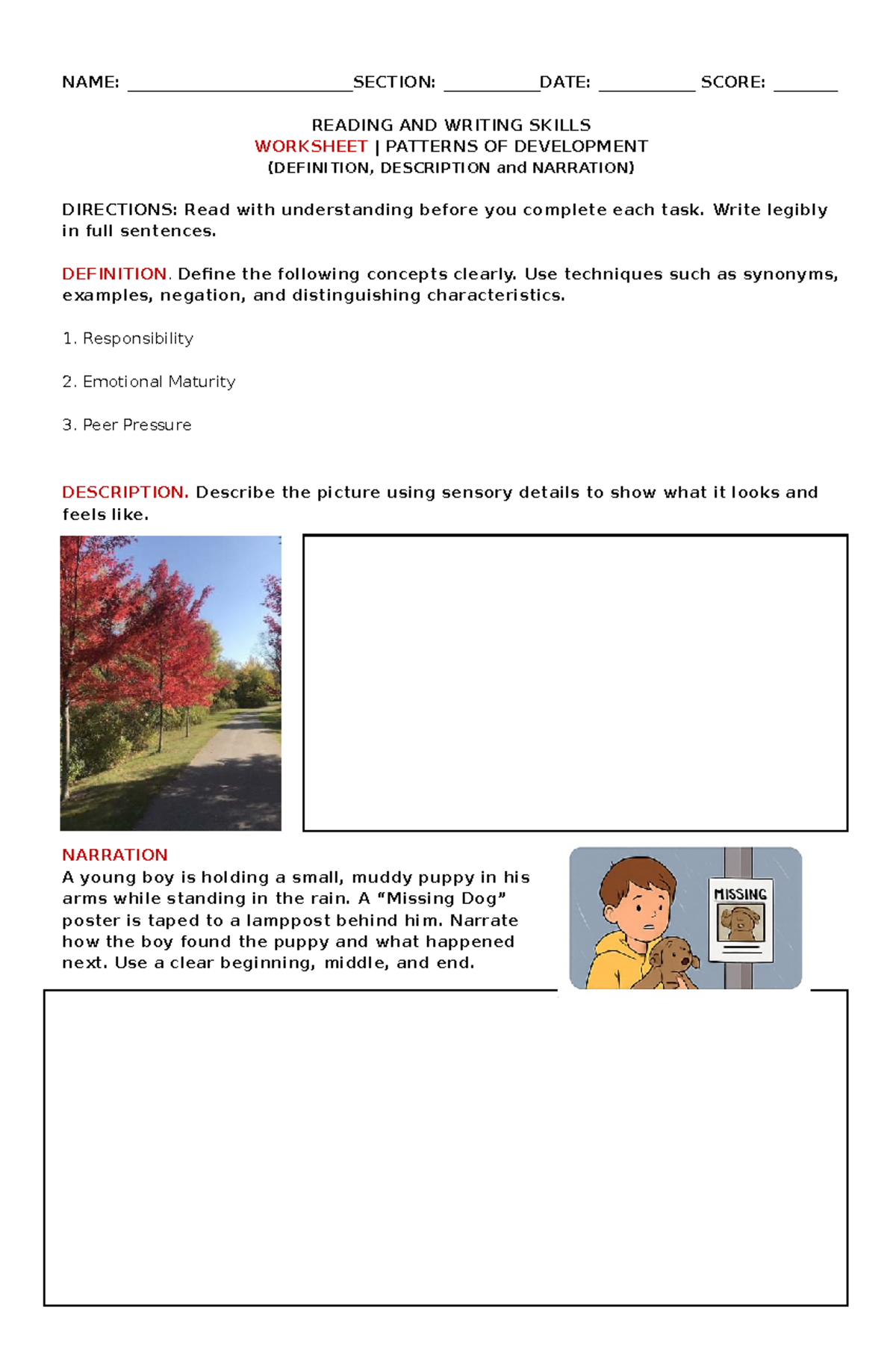Reading & Writing Skills Worksheet: Patterns of Development - Studocu