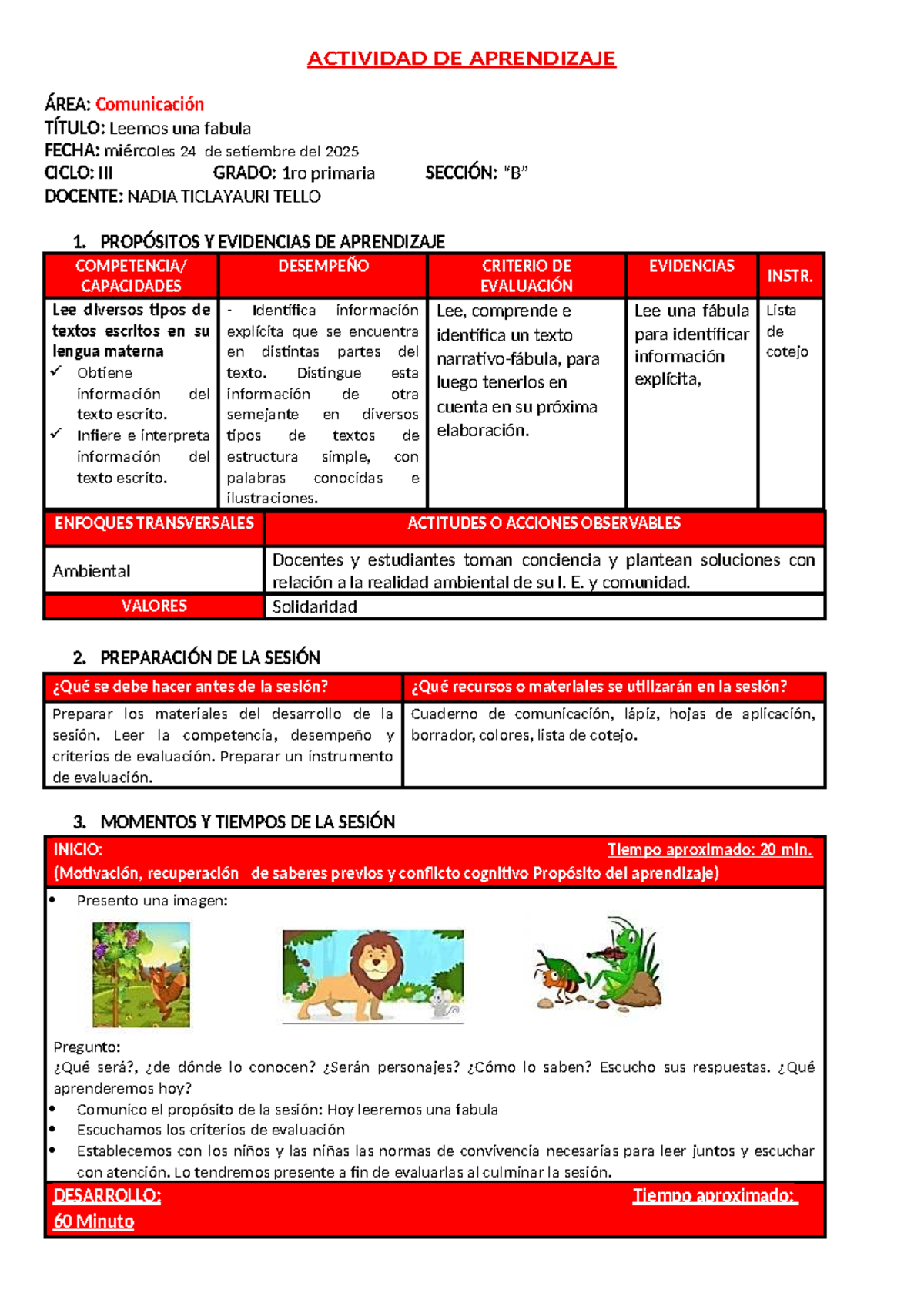 Sesión de Aprendizaje: Leemos una Fábula - 1º Primaria (Comunicación ...