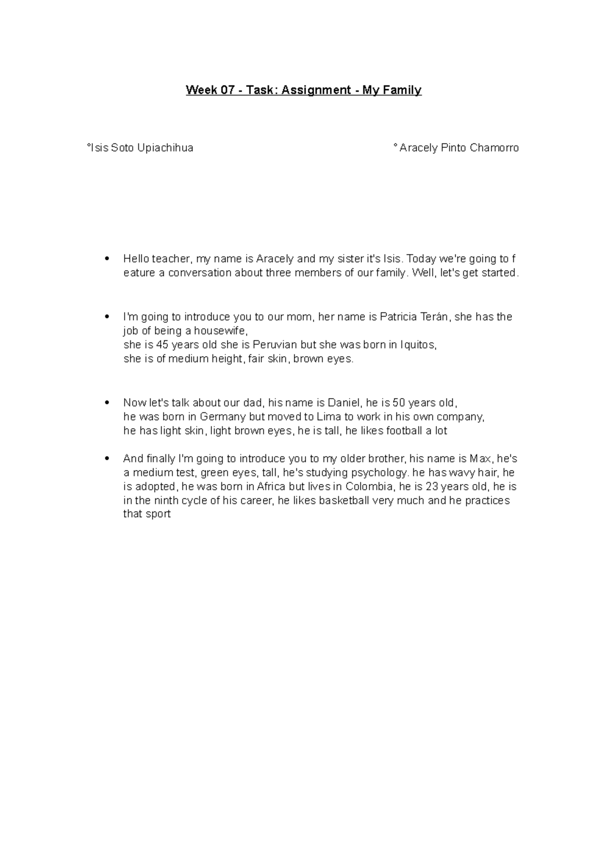 Week 07 - Assignment: My Family Overview and Introductions - Studocu