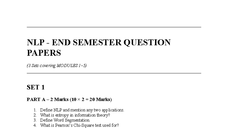 NLP END SEMESTER QUESTION PAPERS - 3 Sets with Answers - Studocu