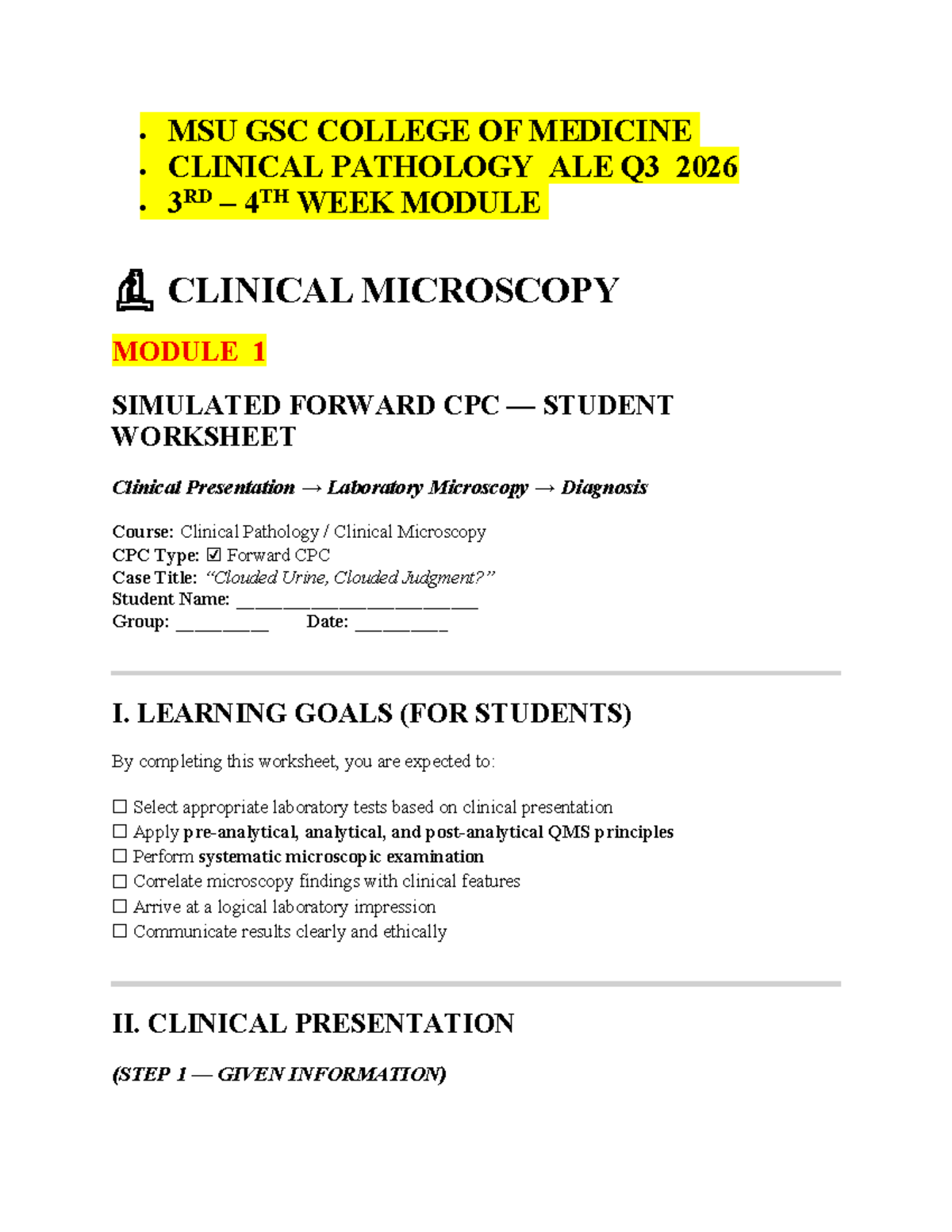 MSU GSC CLINICAL PATHOLOGY CLINICAL MICROSCOPY MODULE 1 WORKSHEET - Studocu