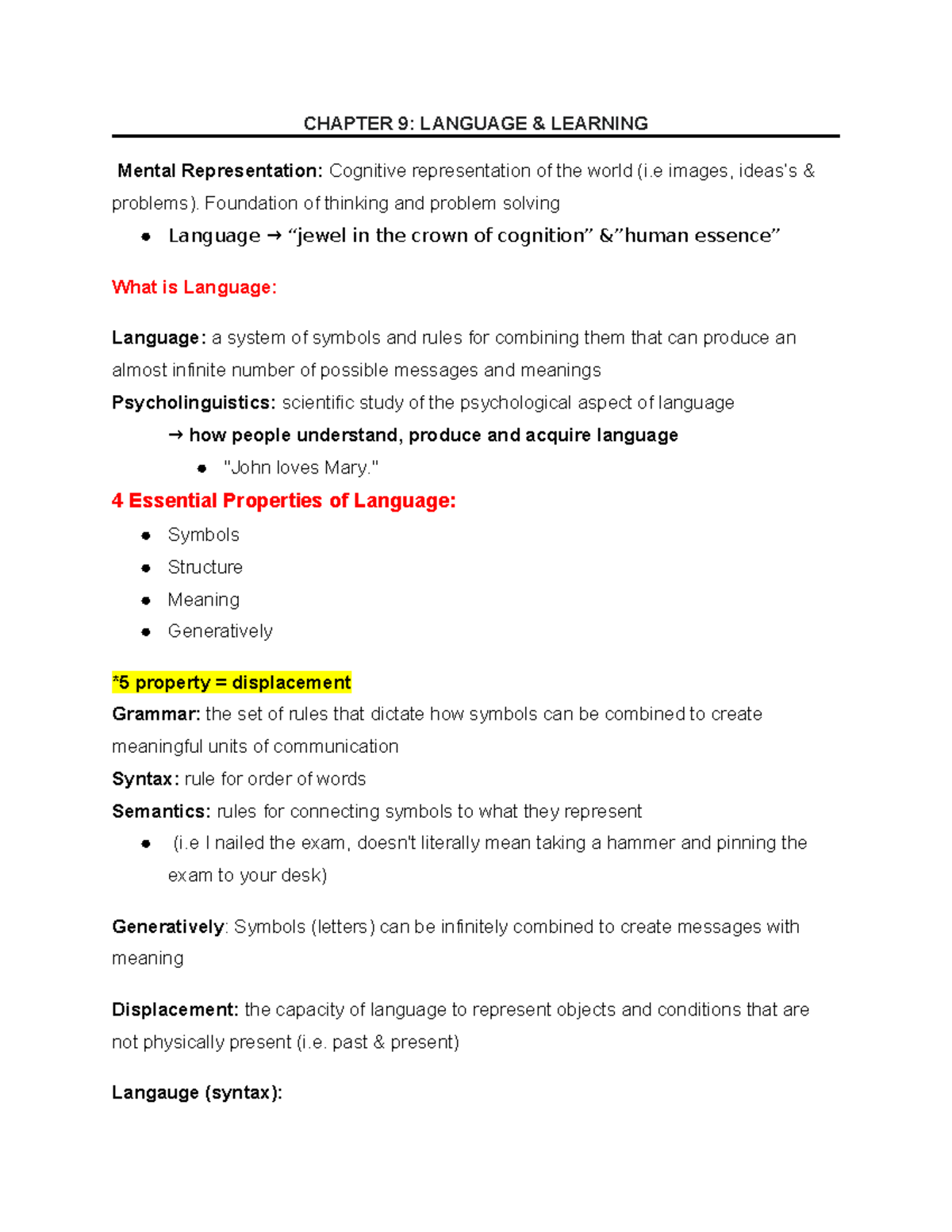 Psychol 1003B Chapter 9: Language Learning and Cognitive Representation ...