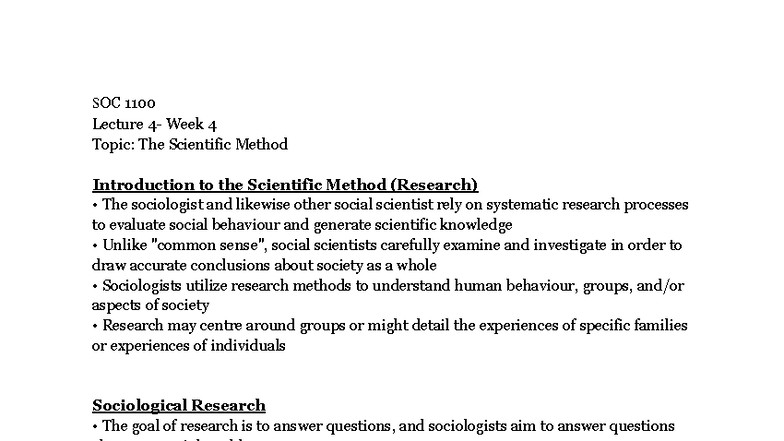 SOC 1100 Lecture Week 4: Understanding the Scientific Method - Studocu