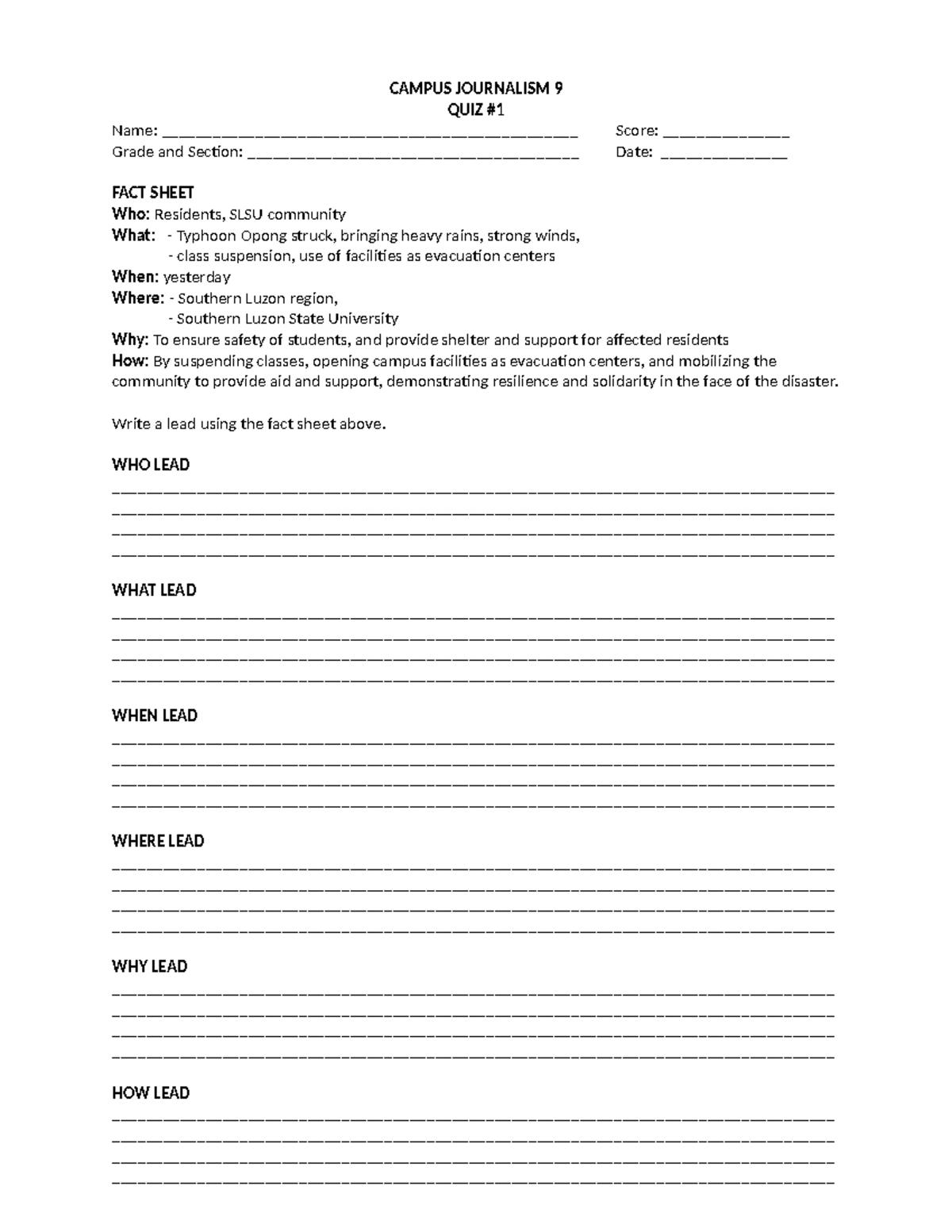 CAMPUS JOURNALISM 9 QUIZ #1: Lead Writing on Typhoon Opong - Studocu