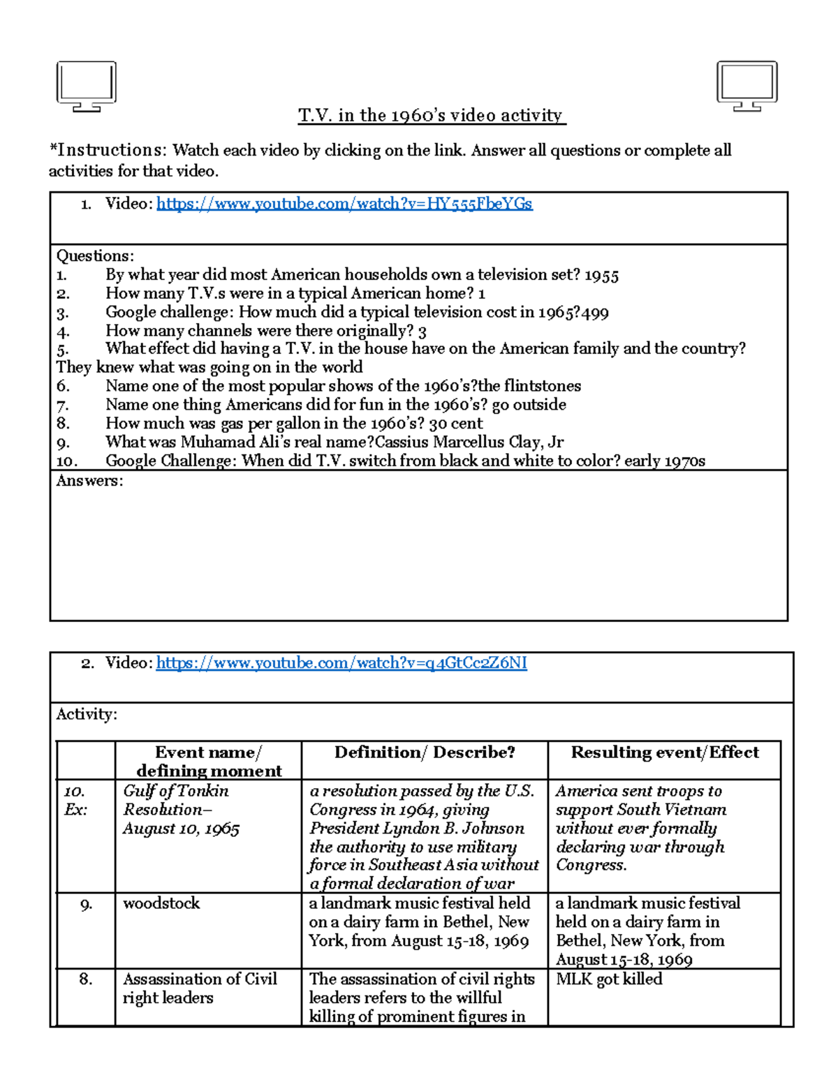 Ssush 21c video activity - T. in the 1960’s video activity ...