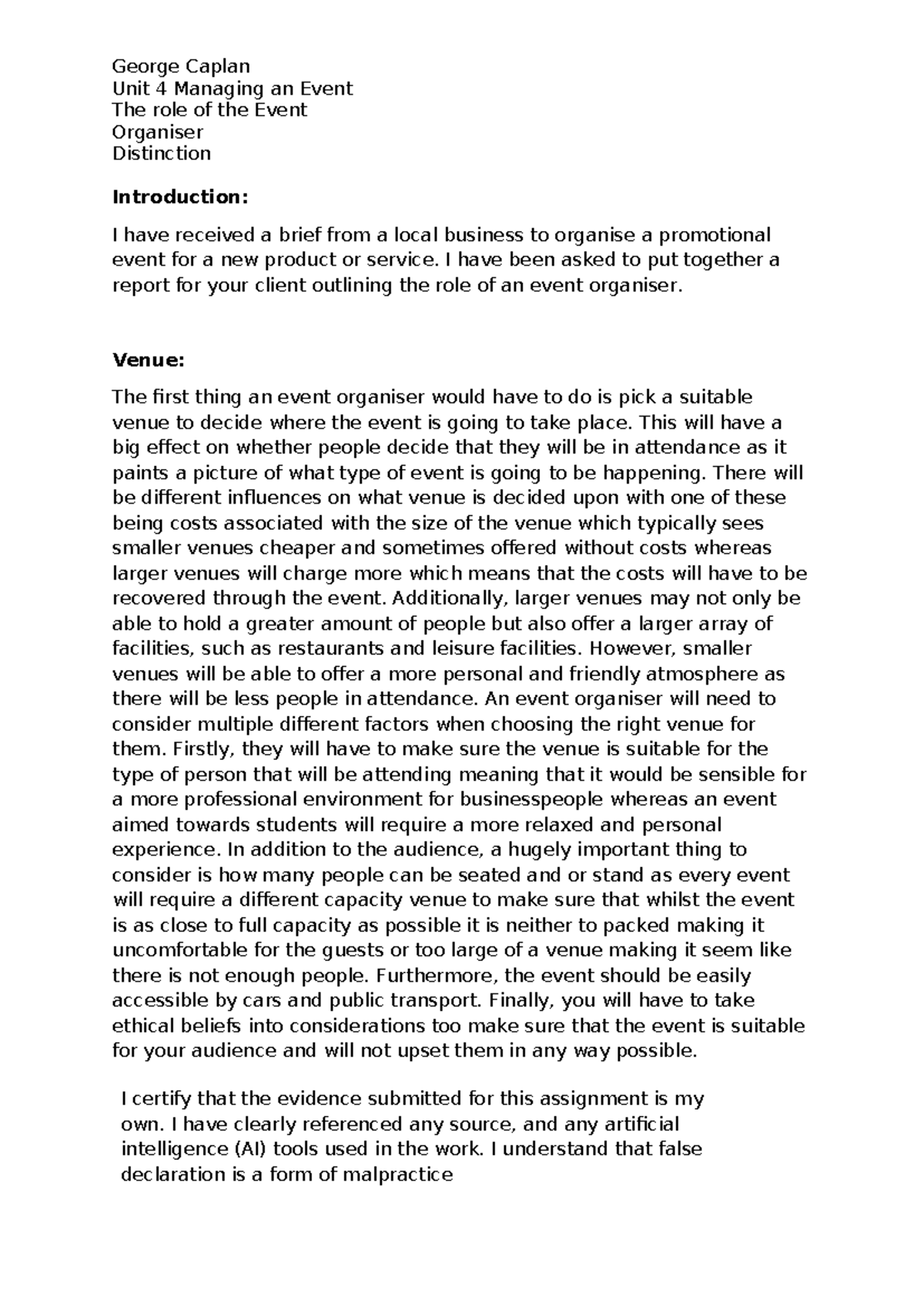 Unit 4 Assignment 1: Exploring the Role of an Event Organiser - Studocu