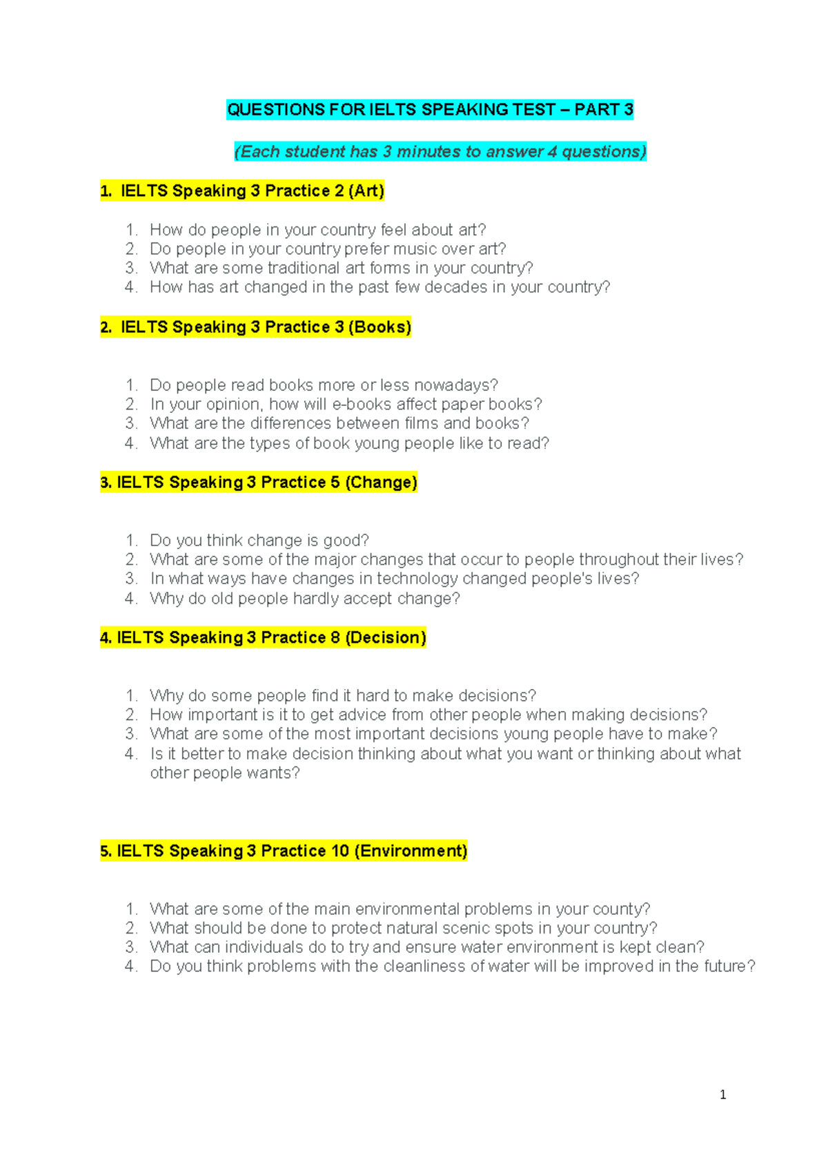 IELTS Speaking Test Part 3: Practice Questions and Topics - Studocu