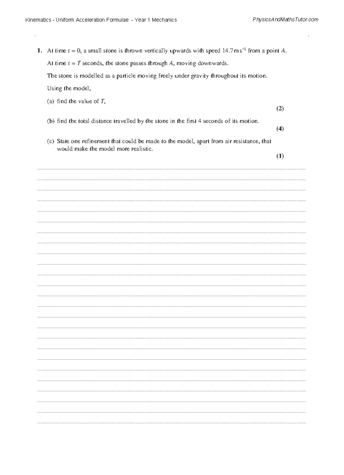 Kinematics - Uniform Acceleration Formulae QP - Year 1 Mechanics - Studocu