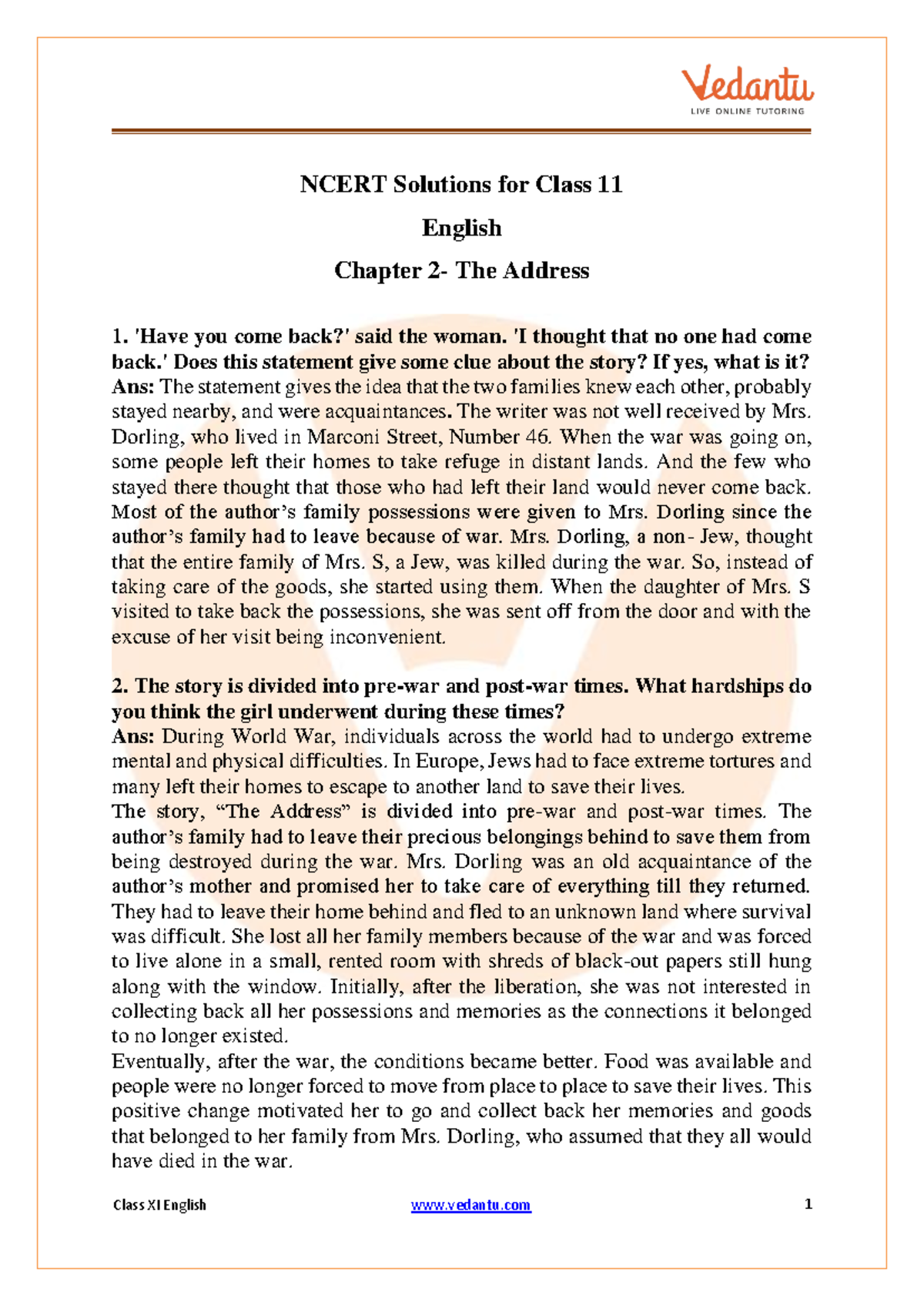 Ncert Solutions for Class 11 English Chapter 2 The Address - Class XI ...