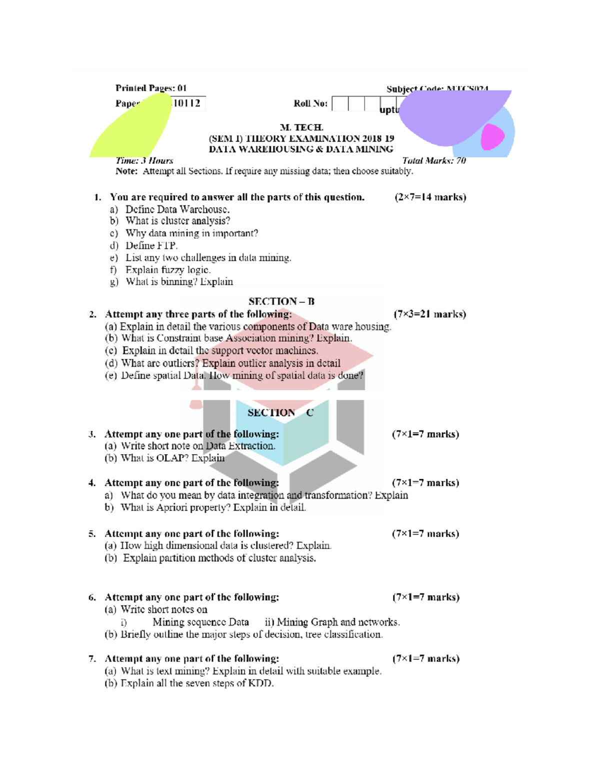 MTCS024 Data Warehousing & Mining Theory Exam Paper - Studocu